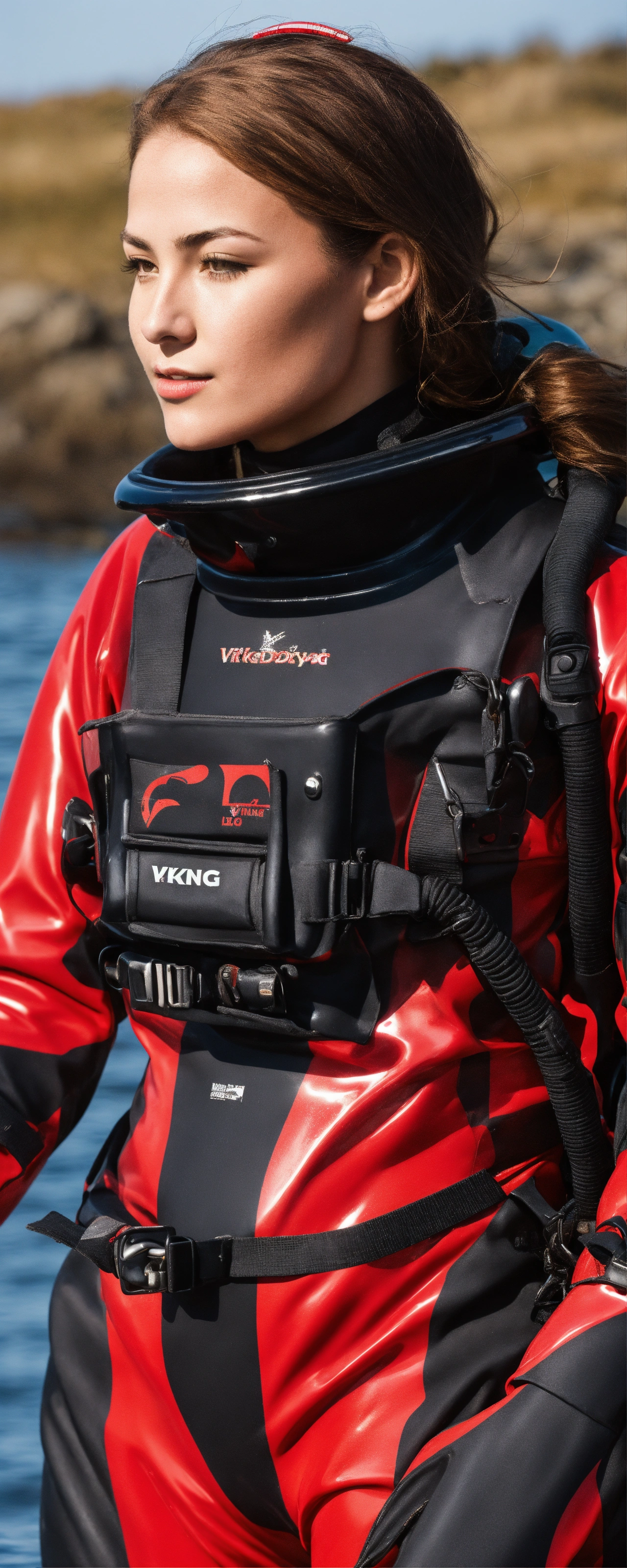 Lexica - Female diver in red and black glossy viking drysuit