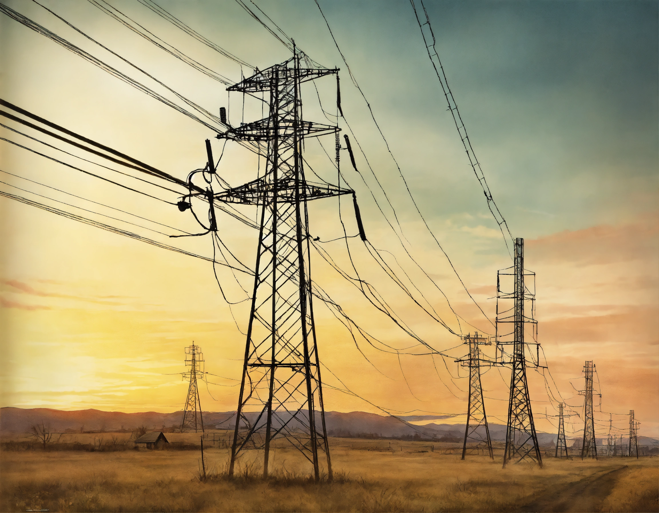Lexica - Telephone towers with soft bending lines, vintage painted ...