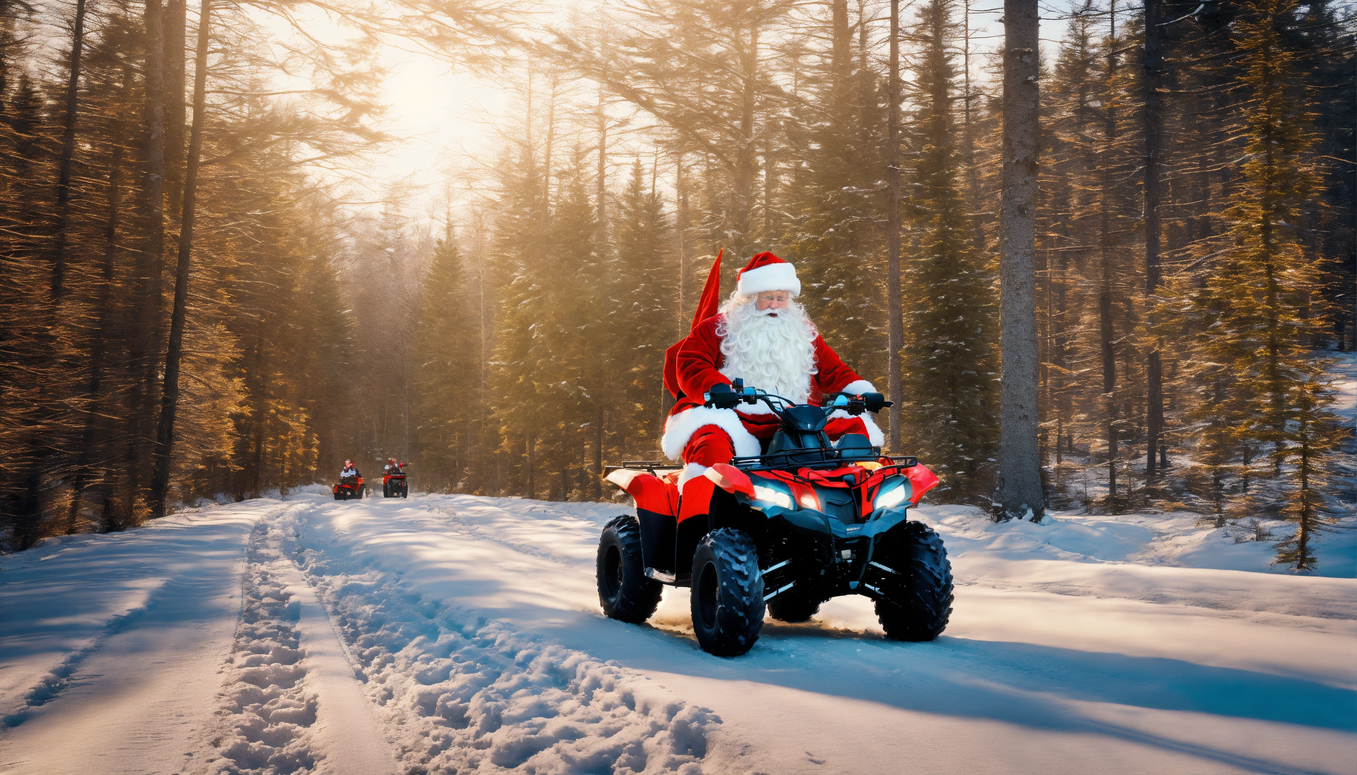 Lexica - Santa Claus with big sack bag rides along a snowy road on an ...