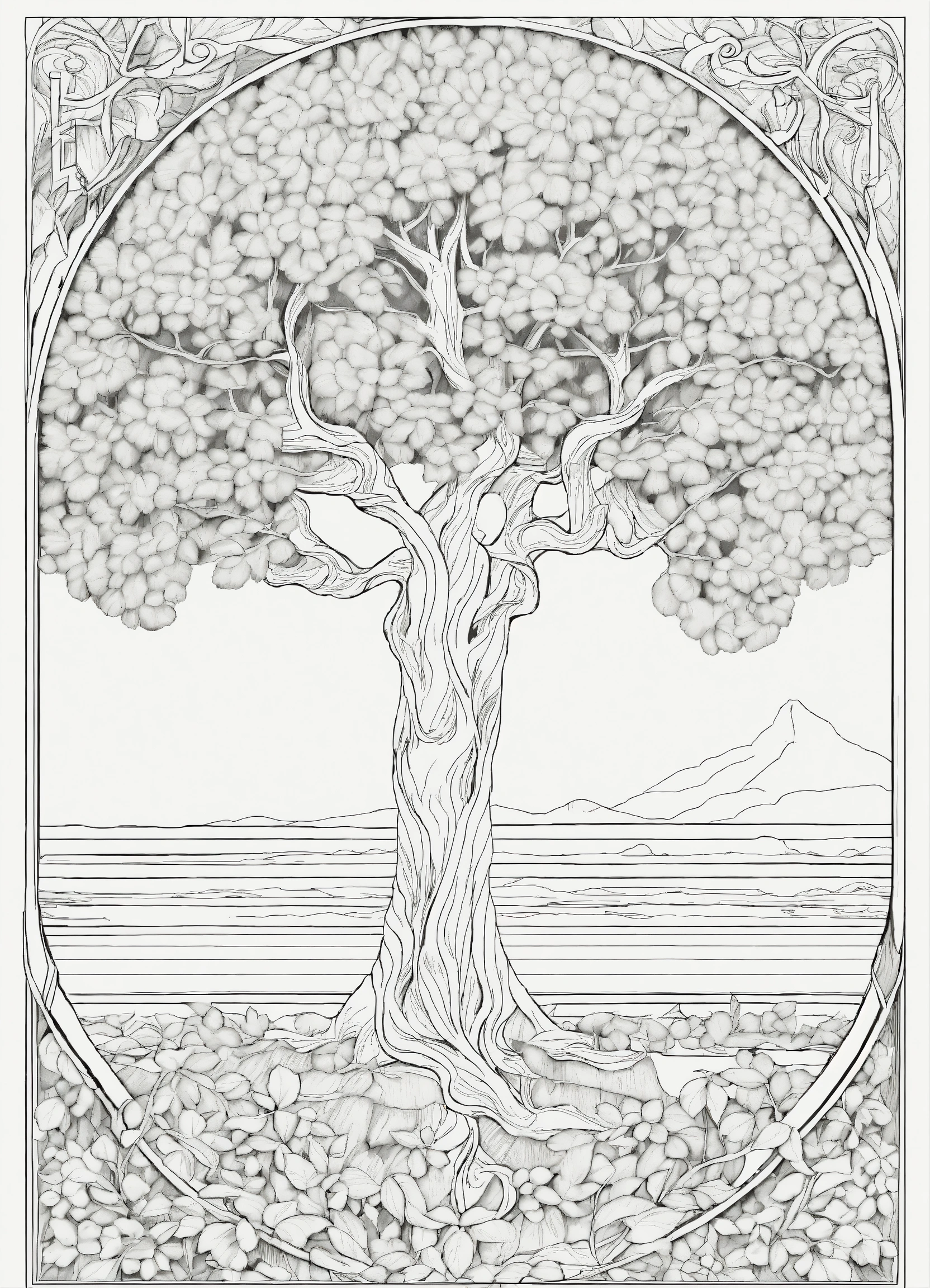 Lexica - B/w outline for coloring book page, tree of lfe, sketch art ...