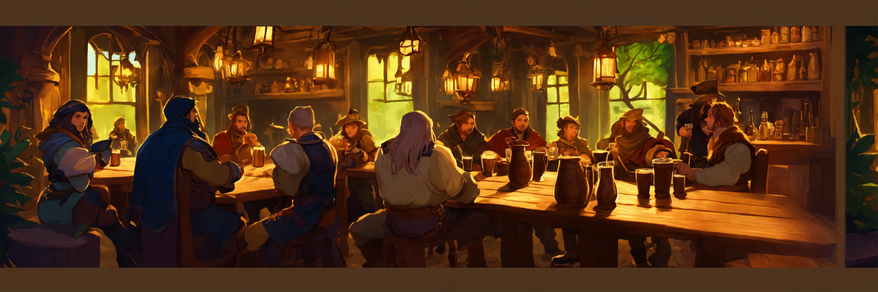 Lexica - Fantasy tavern bustling with fantasy characters, sitting at a ...