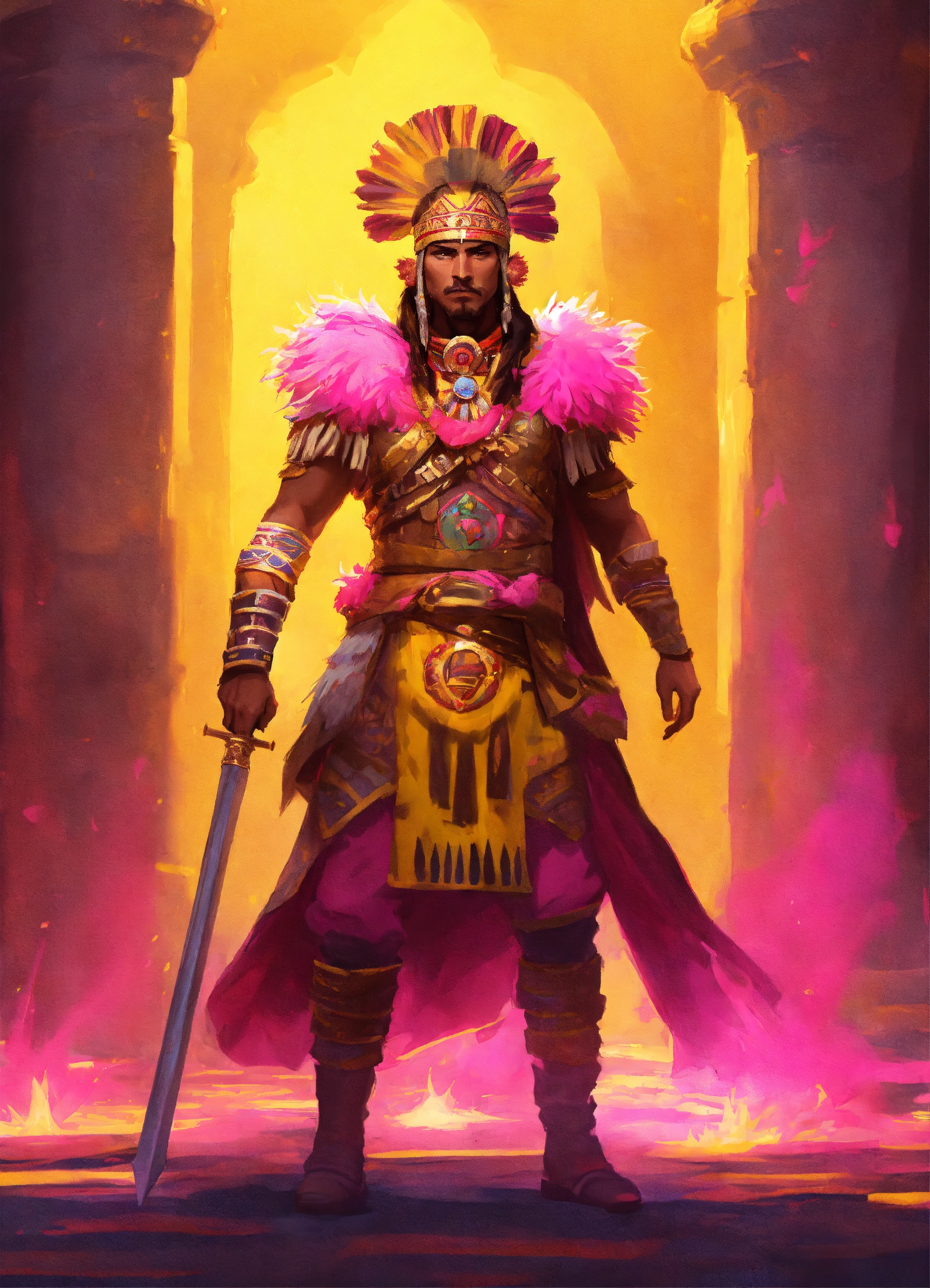 Lexica - An aztec priest warrior in yellow and pink, battlefield ...