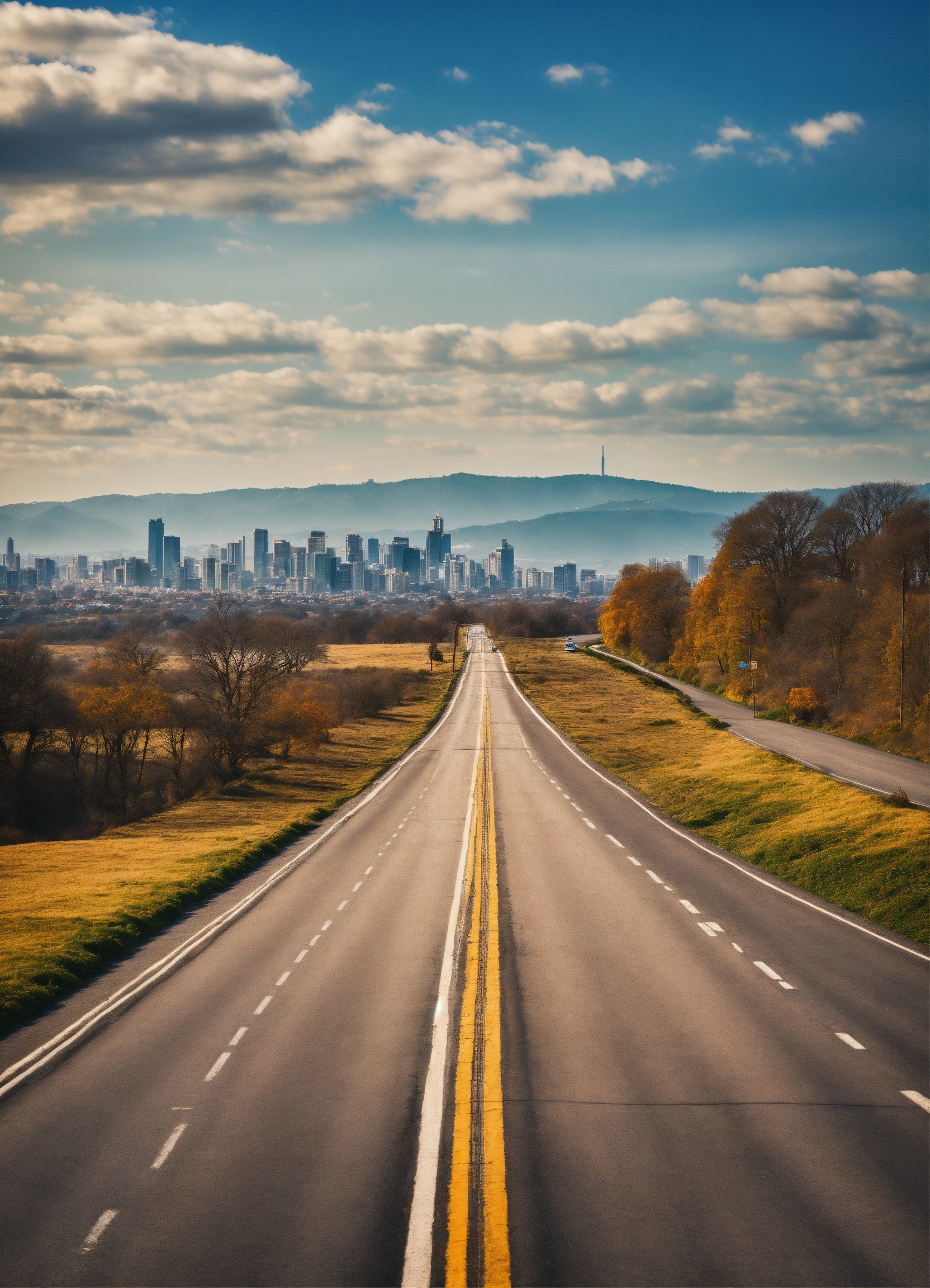 Lexica - Blue sky, road, city background, Landscape Photography ...