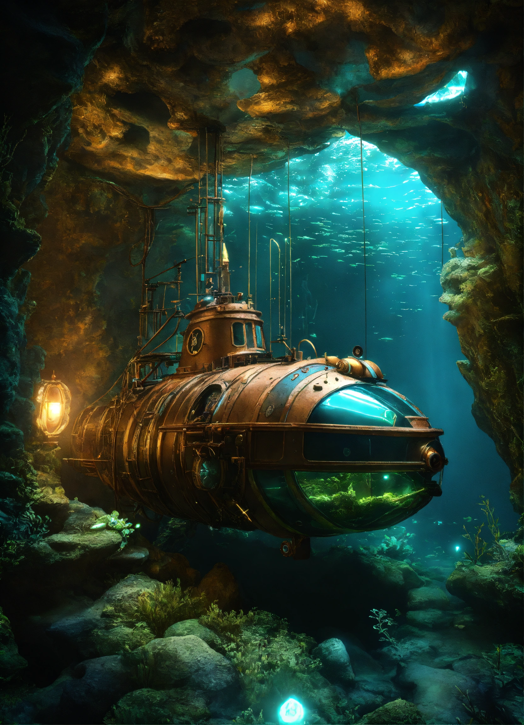 Lexica - Deurgar steampunk submarine, in mystical sea-cave with ...