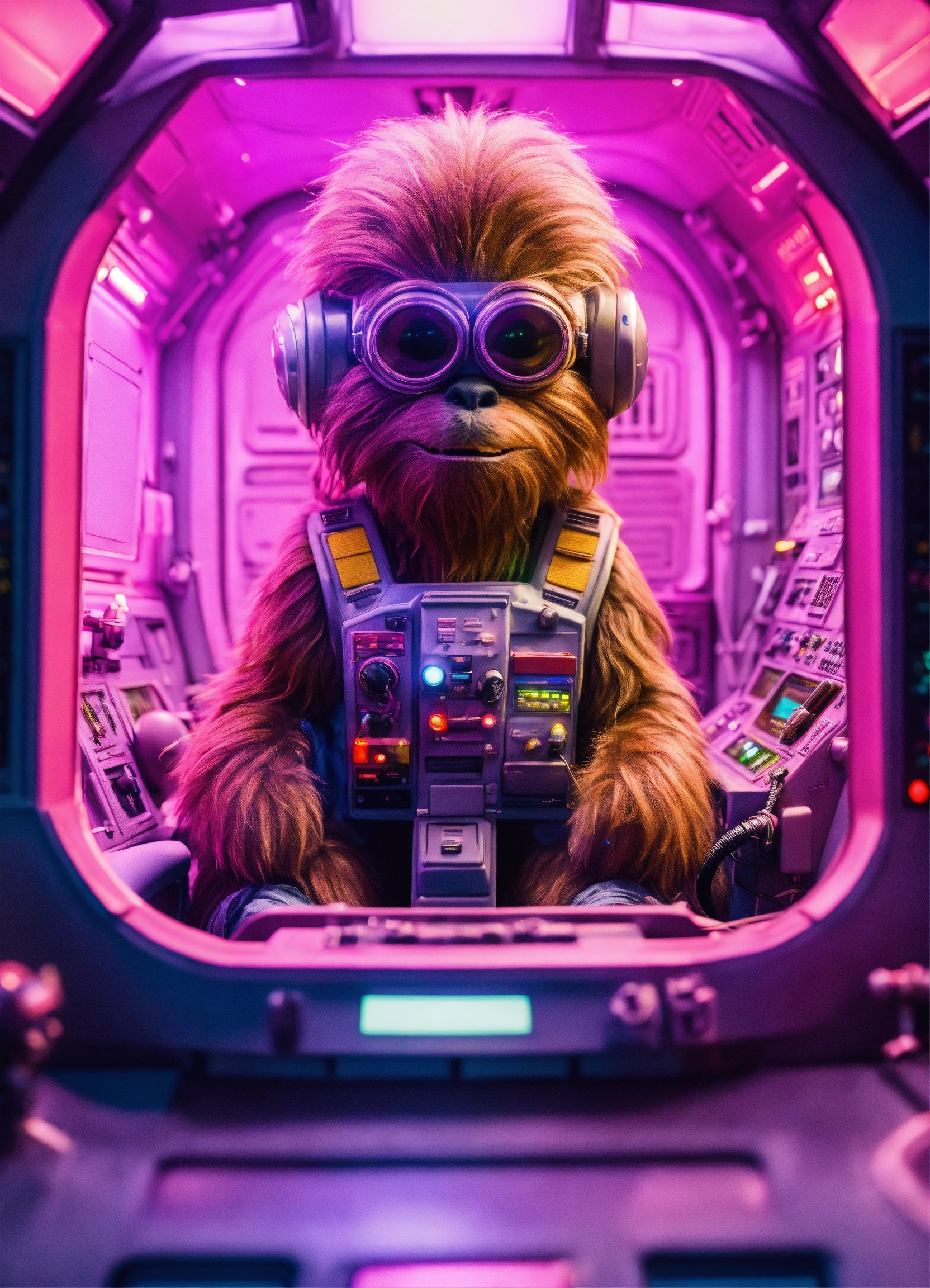 Lexica - Big pink and purple hairy alien wookiee wearing space goggles ...