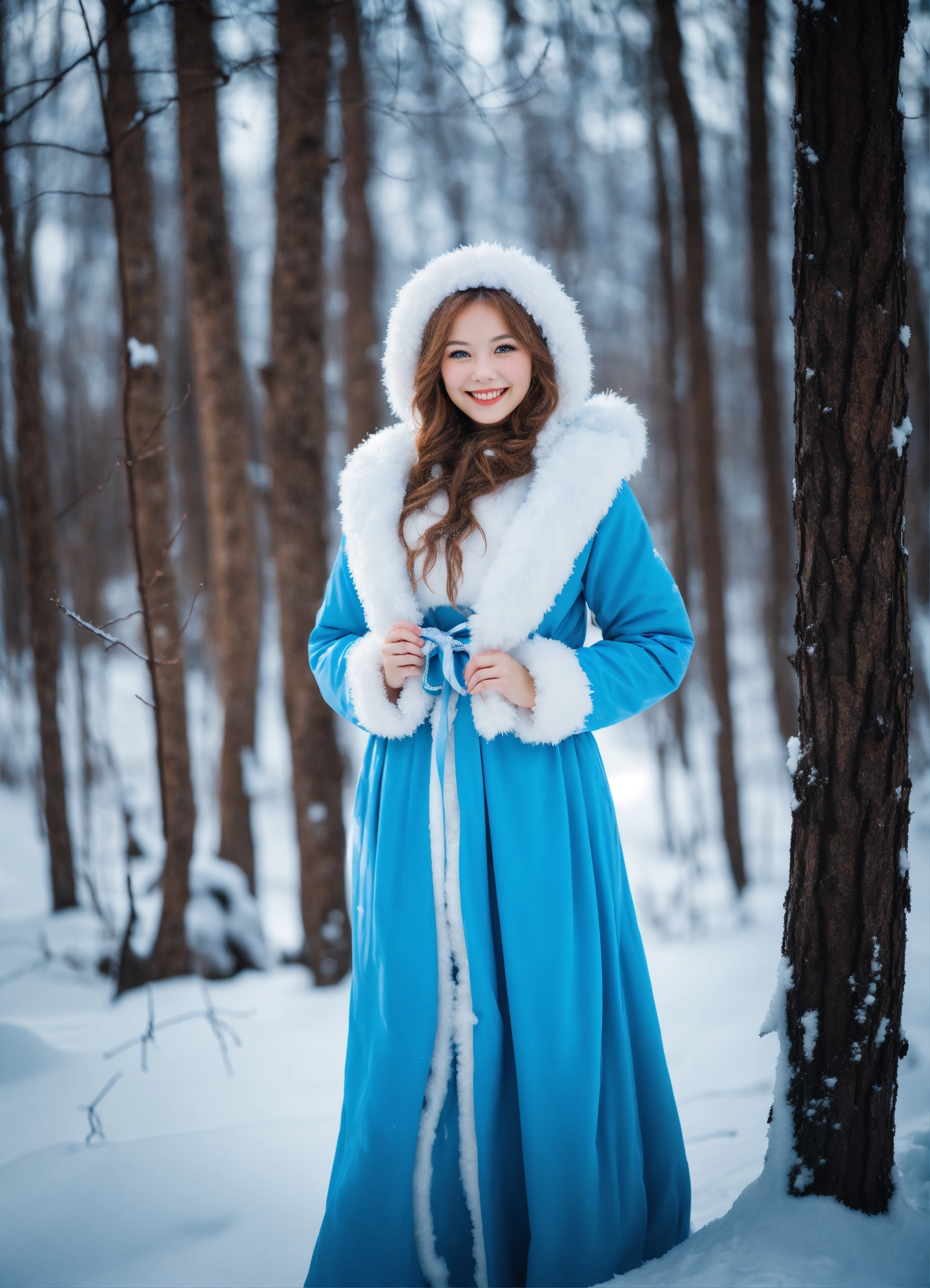 Lexica - Rosy-cheeked smiling snow maiden in the winter forest, walking ...
