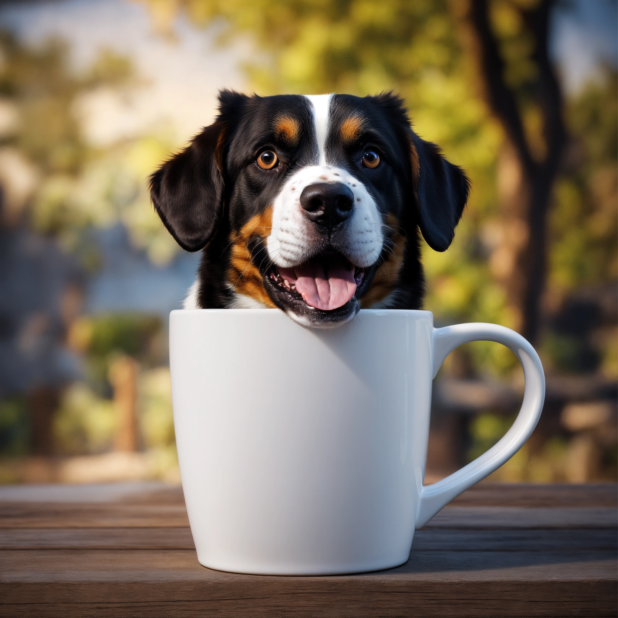 Lexica - White mug, the white mug is the main focus, on the side a dog ...