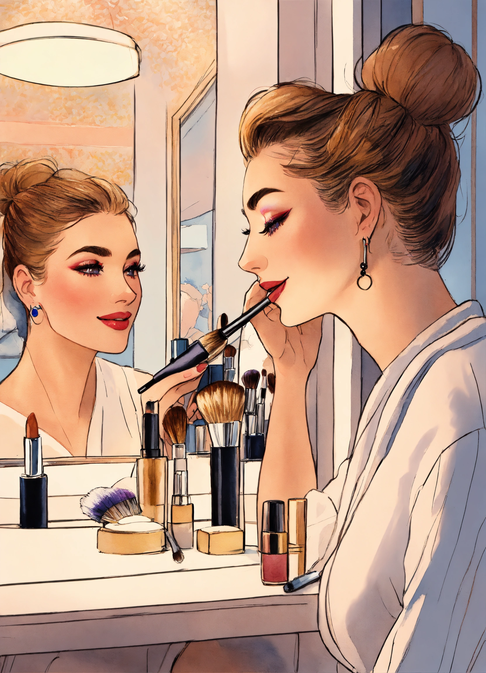 Lexica - Illustration by Herge , a beautiful makeup artist puts on ...