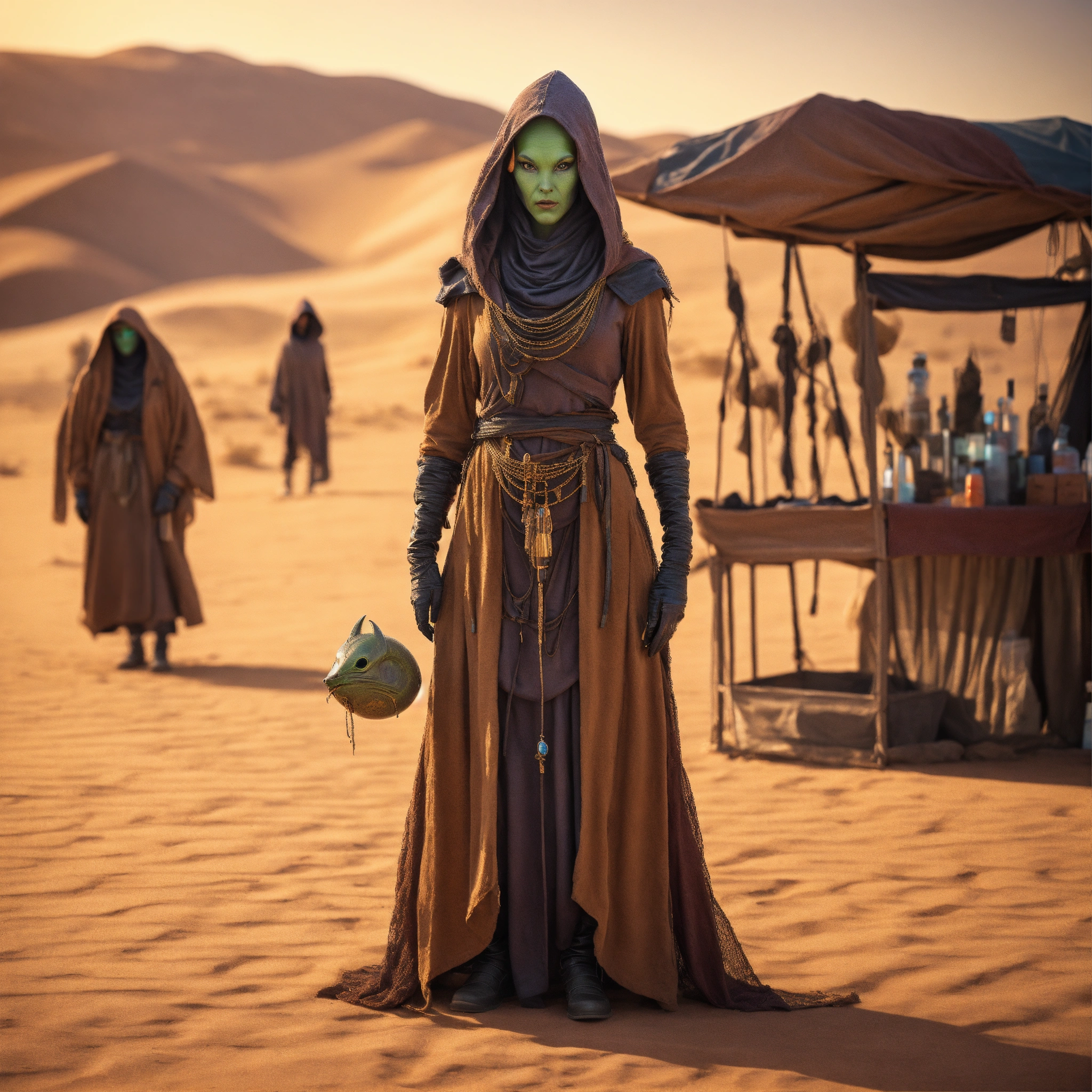 Lexica - Very slim and tall female alien creature merchant on a desert ...