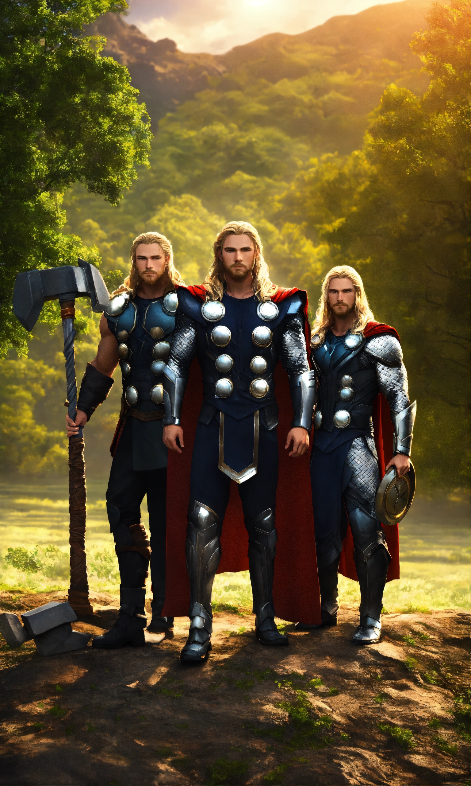 Lexica - 3 Thor standing together, nature background, 2D render