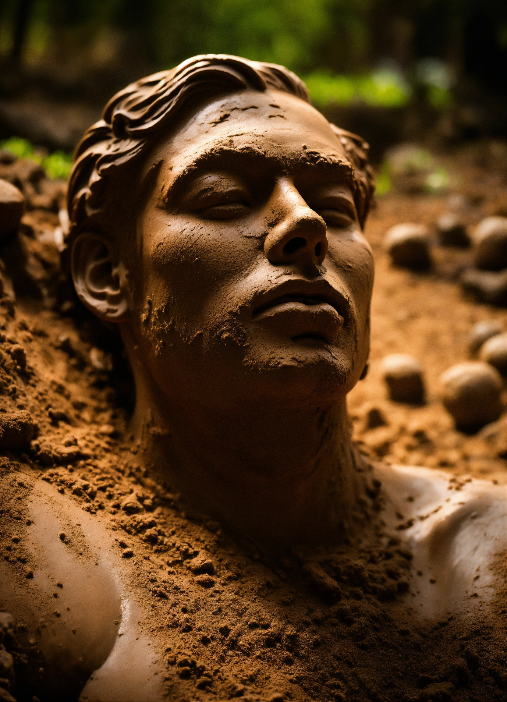 Lexica - Mud man, clay sculpture, lying on the ground looking up ...