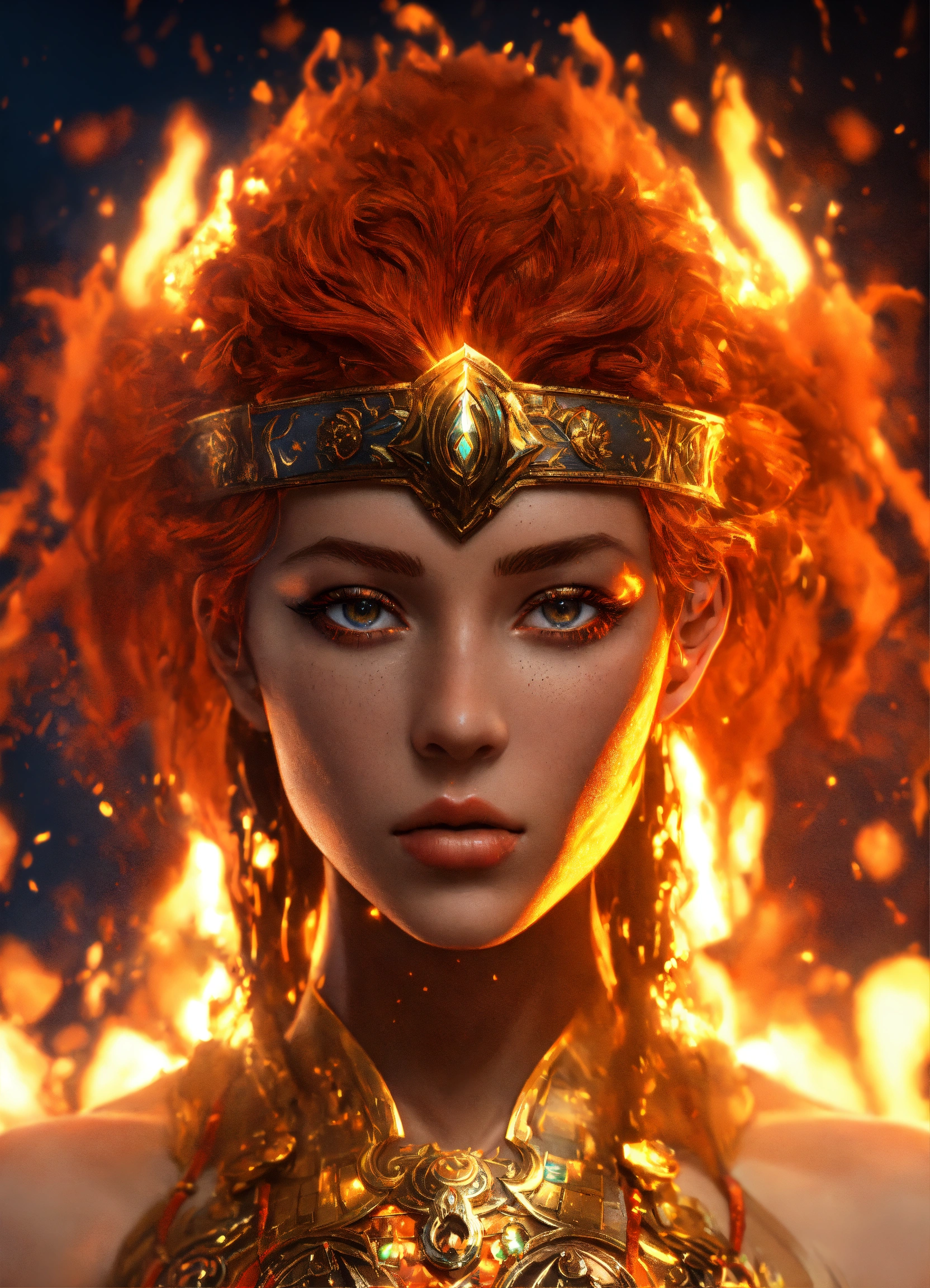 Lexica - "legendary fire goddess", huge fiery hair, smoke, embers ...