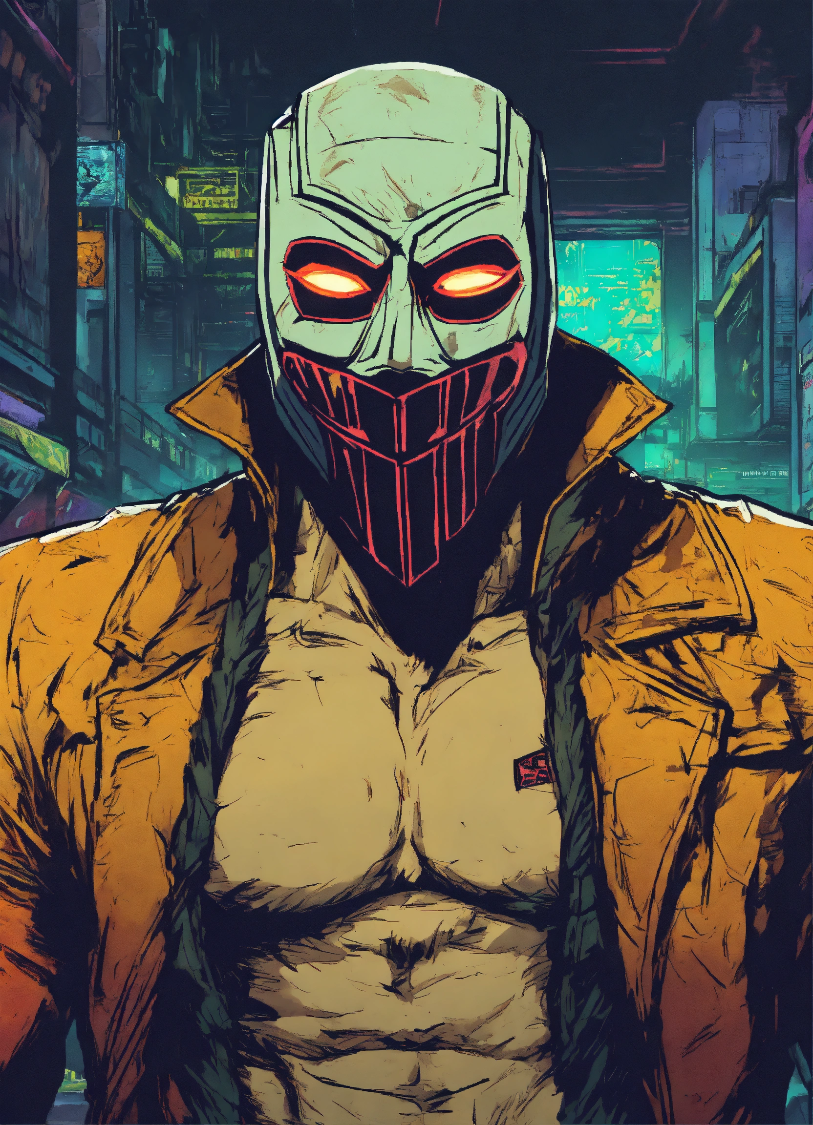 Lexica - Buff cyberpunk man , wearing a guy Fawkes mask gritty hand ...