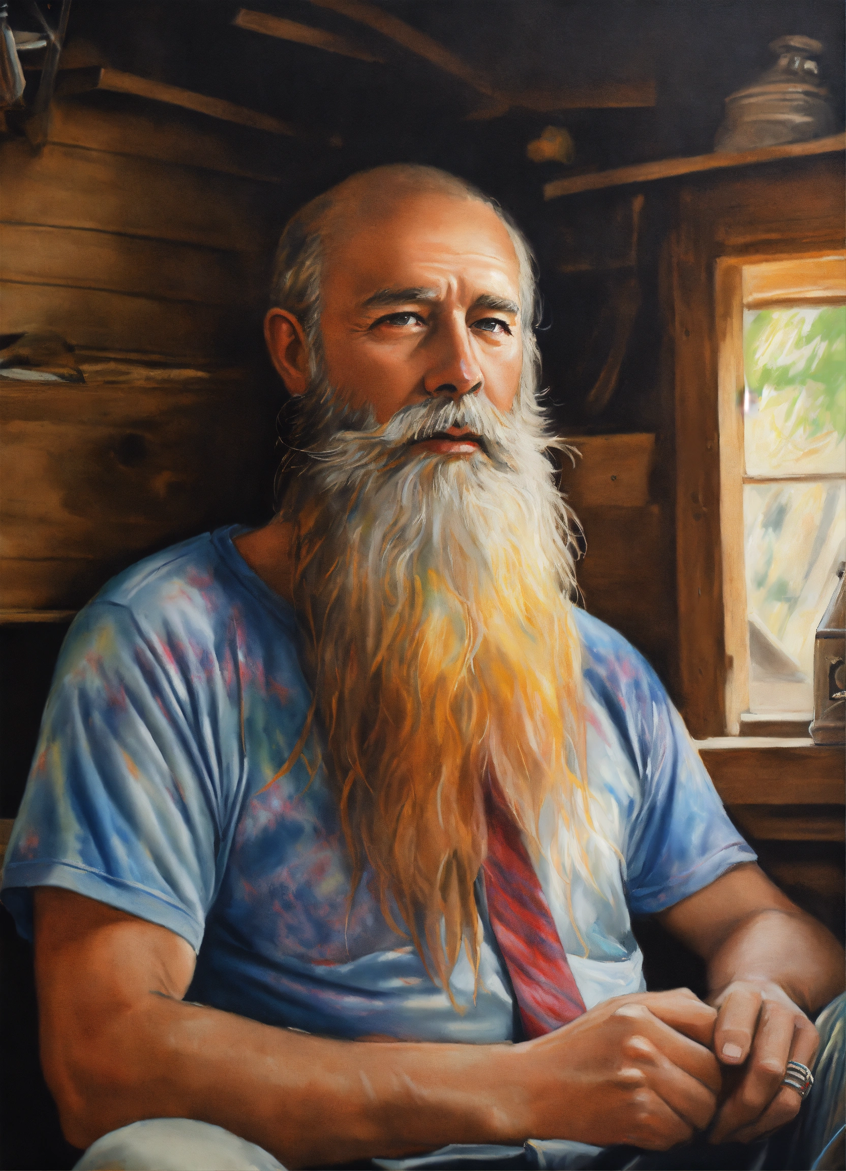 Lexica - 1980's wizard long beard, wearing tie-dyed t-shirt, in a Shed ...