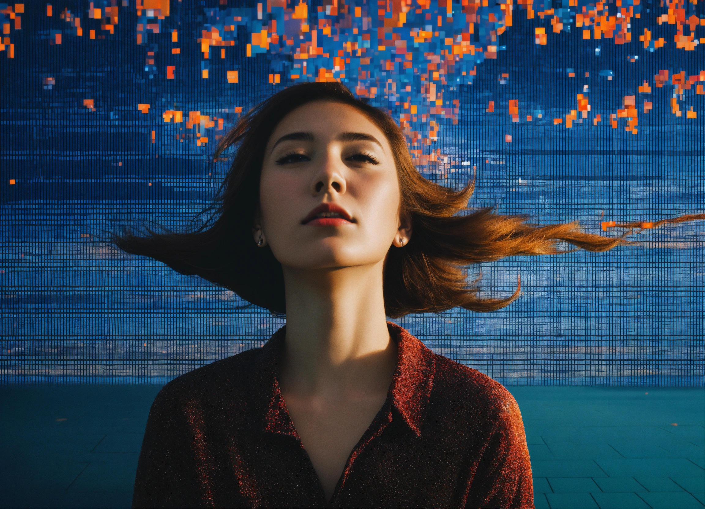 Lexica - A woman being pixelated and the pixels detaching from her and floating away