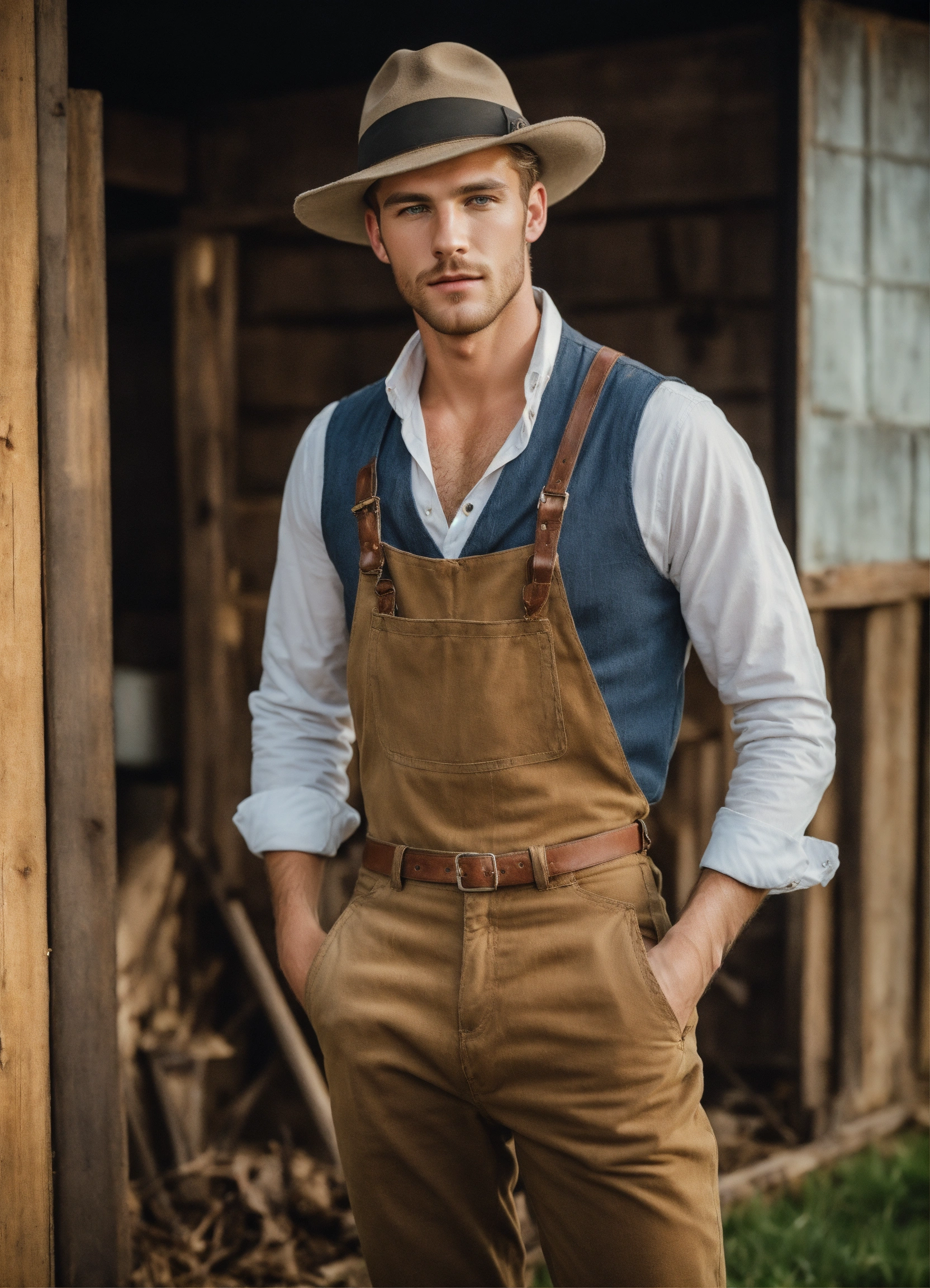 Lexica - Photo essay of handsome German male model, in a vintage farm ...