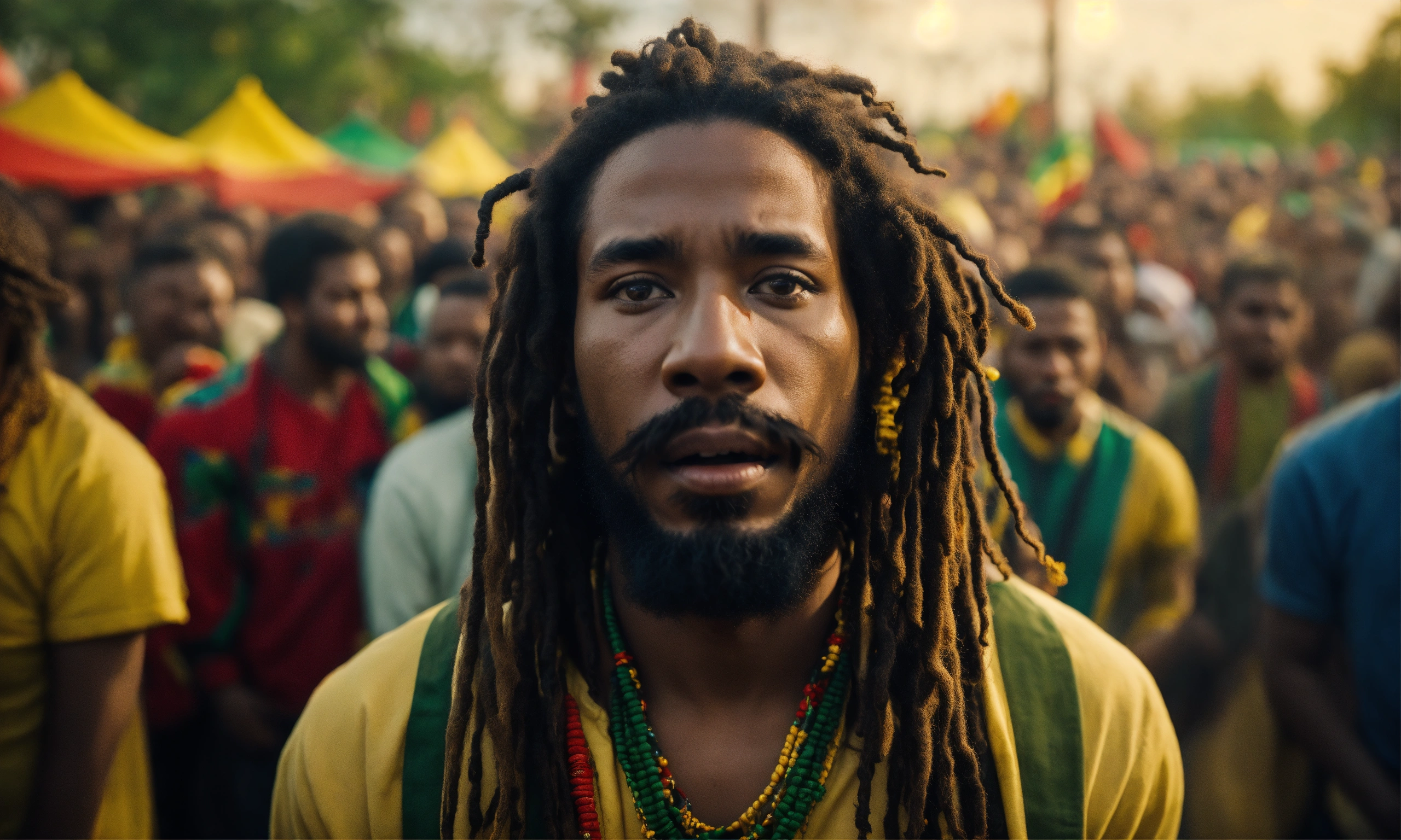 Lexica - Rastafarian with hands-on jaw grip with fear, crowd in the ...