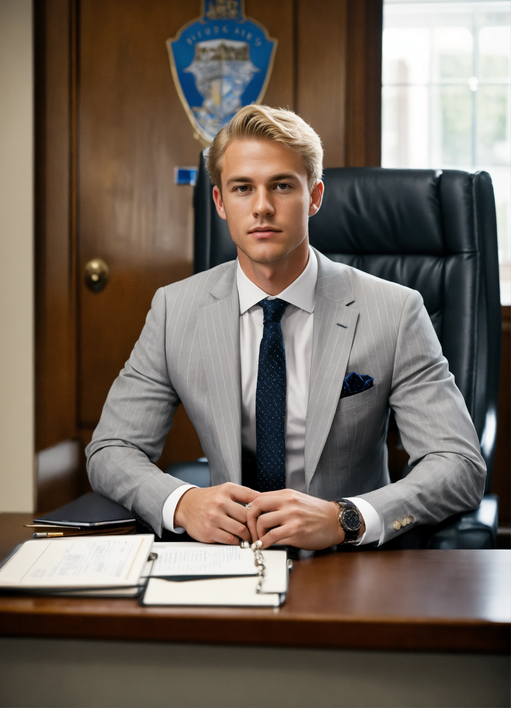 Lexica - A young blonde male executive in light grey pinstripe vested ...