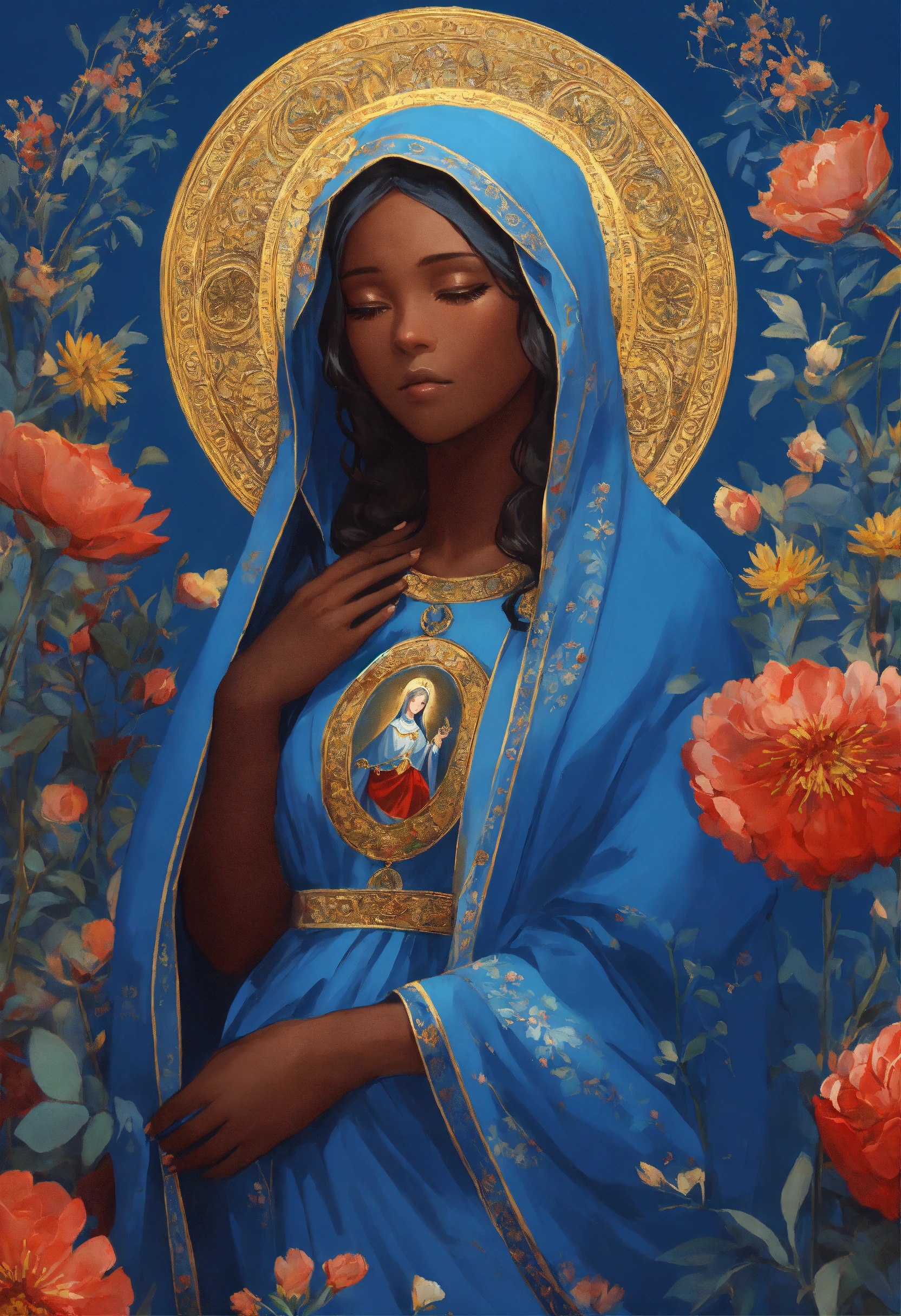 Lexica - Ilustration, Virgin mary with black skin, blue cloath, calm ...
