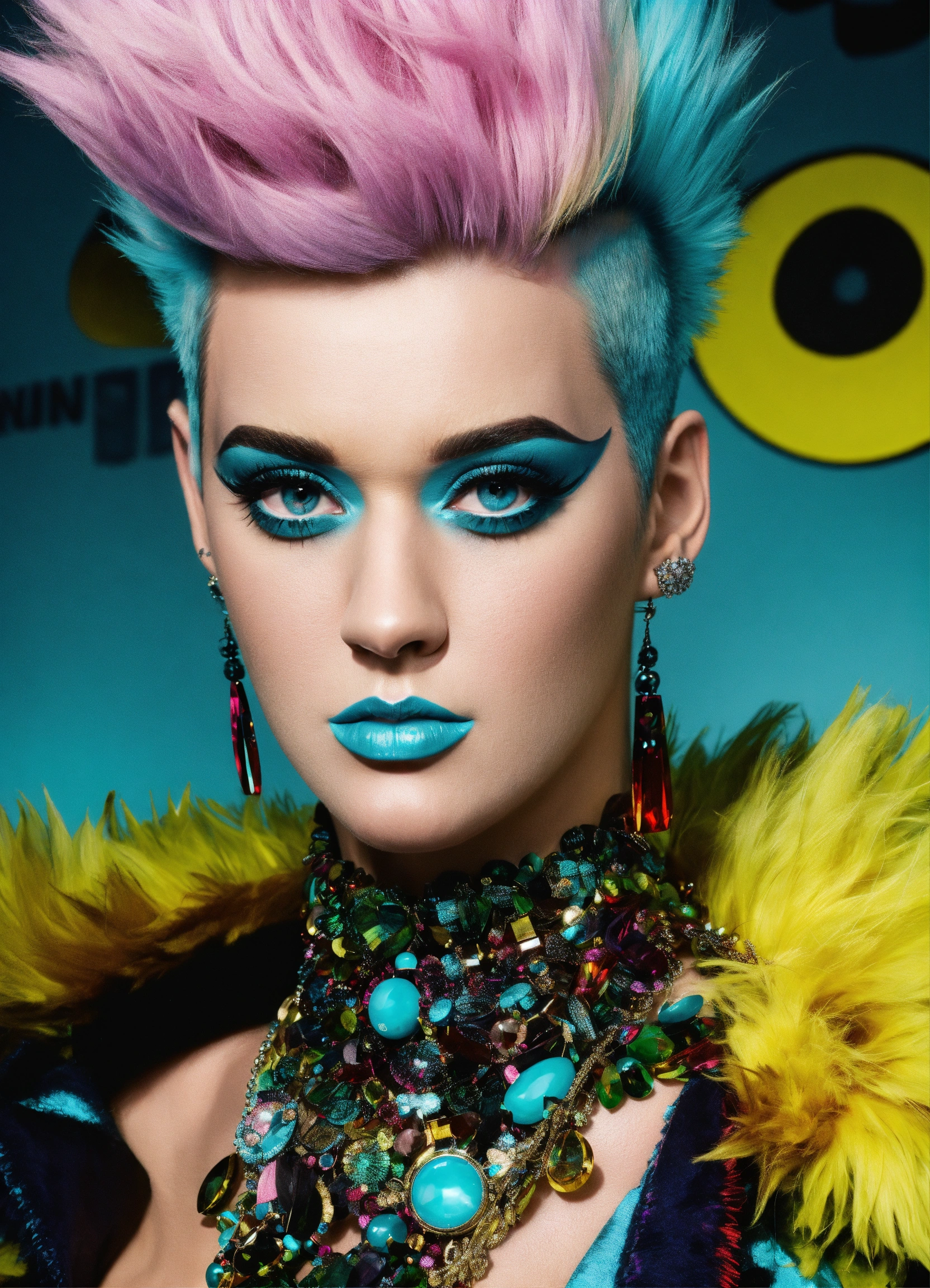 Lexica - Villain with cyan short mohawk, katy perry, hypnotic eyes,