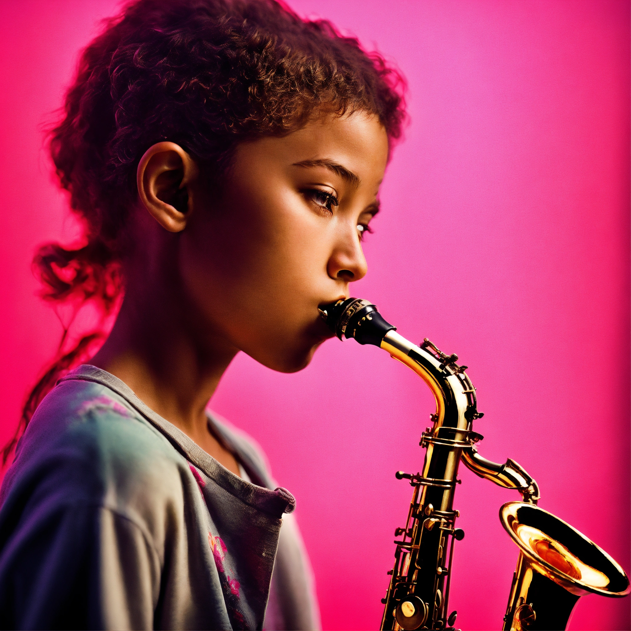 Lexica - Photograph of a boy or girl playing sax, AI glitch, extremely ...