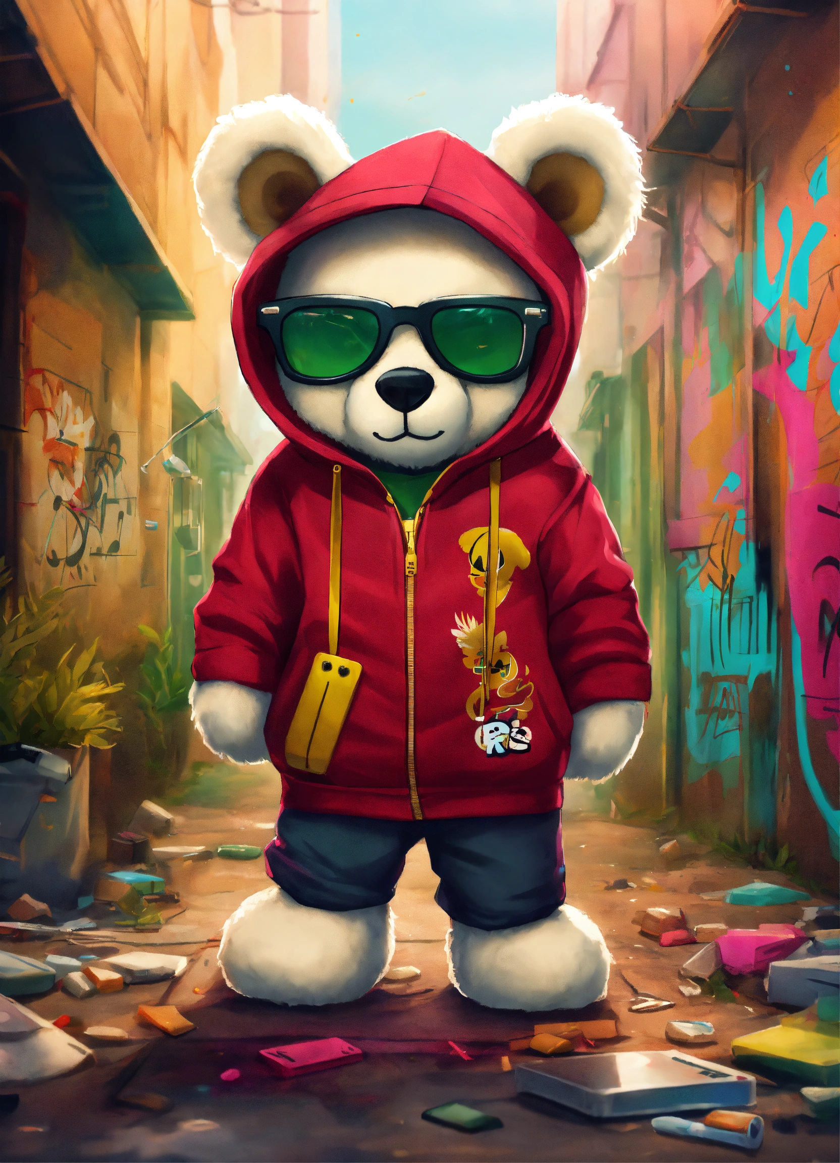 Lexica - A white teddy bear wearing a Crimson, pearl white, palm green ...