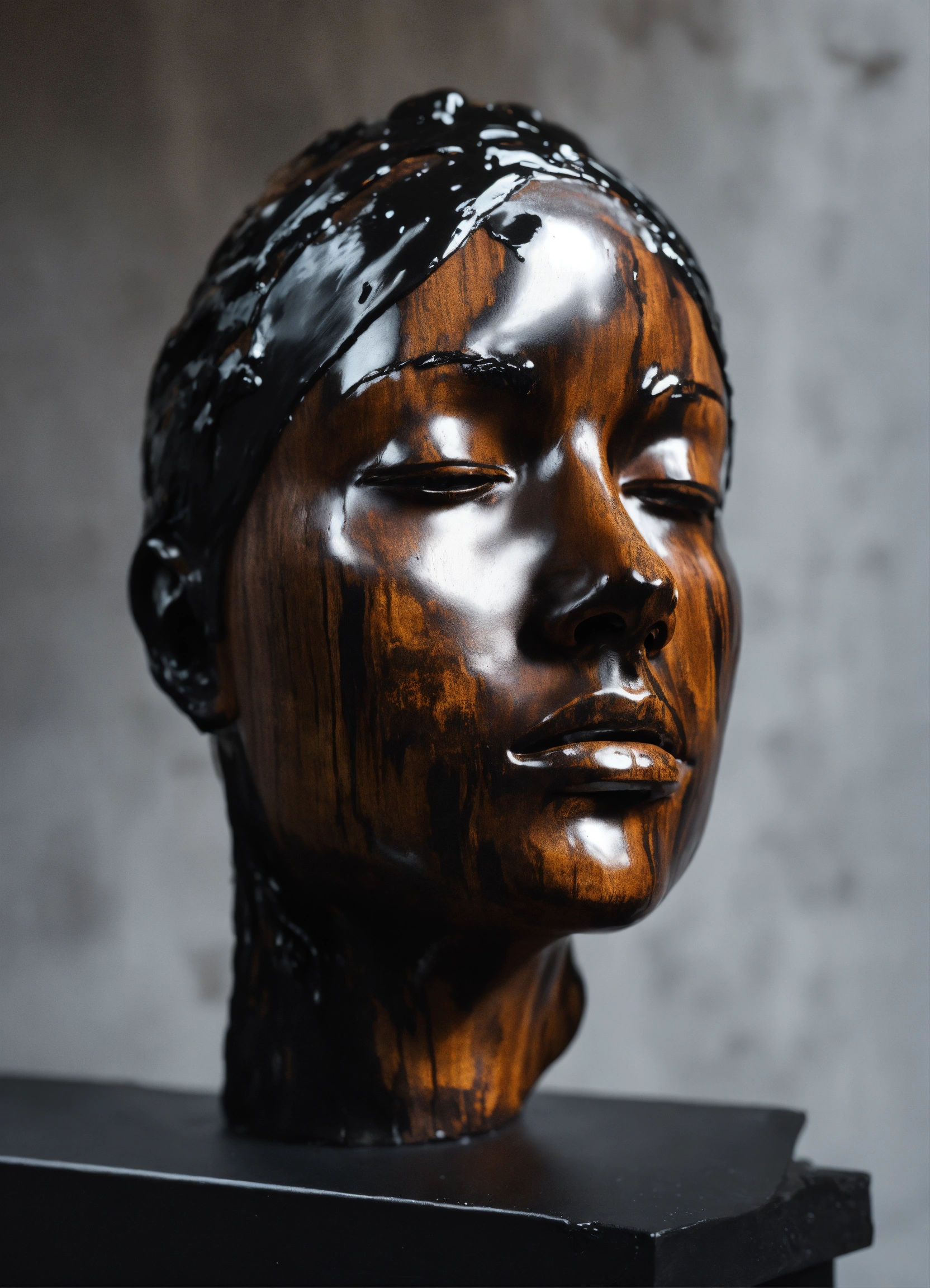 Lexica - A wood sculpture of a head, black paint melted, hd render ...