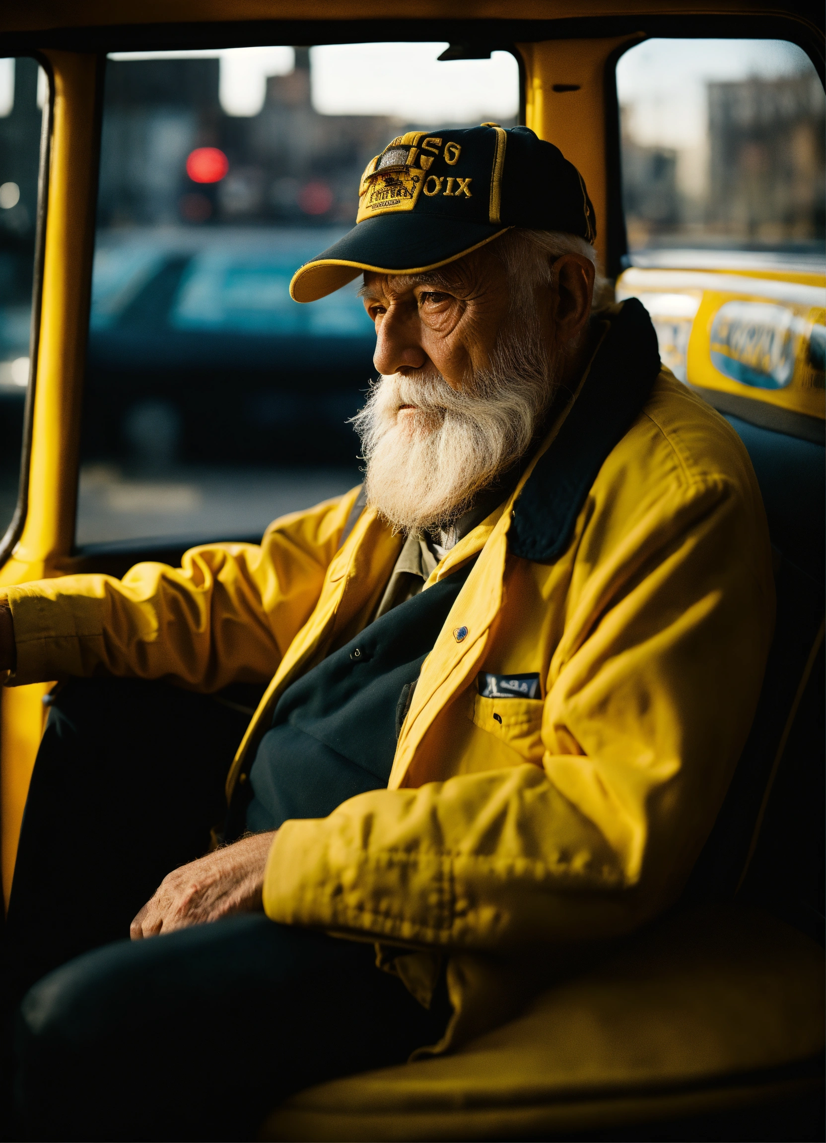 Lexica - A wise old man with white beard and baseball cap in a taxi cab ...