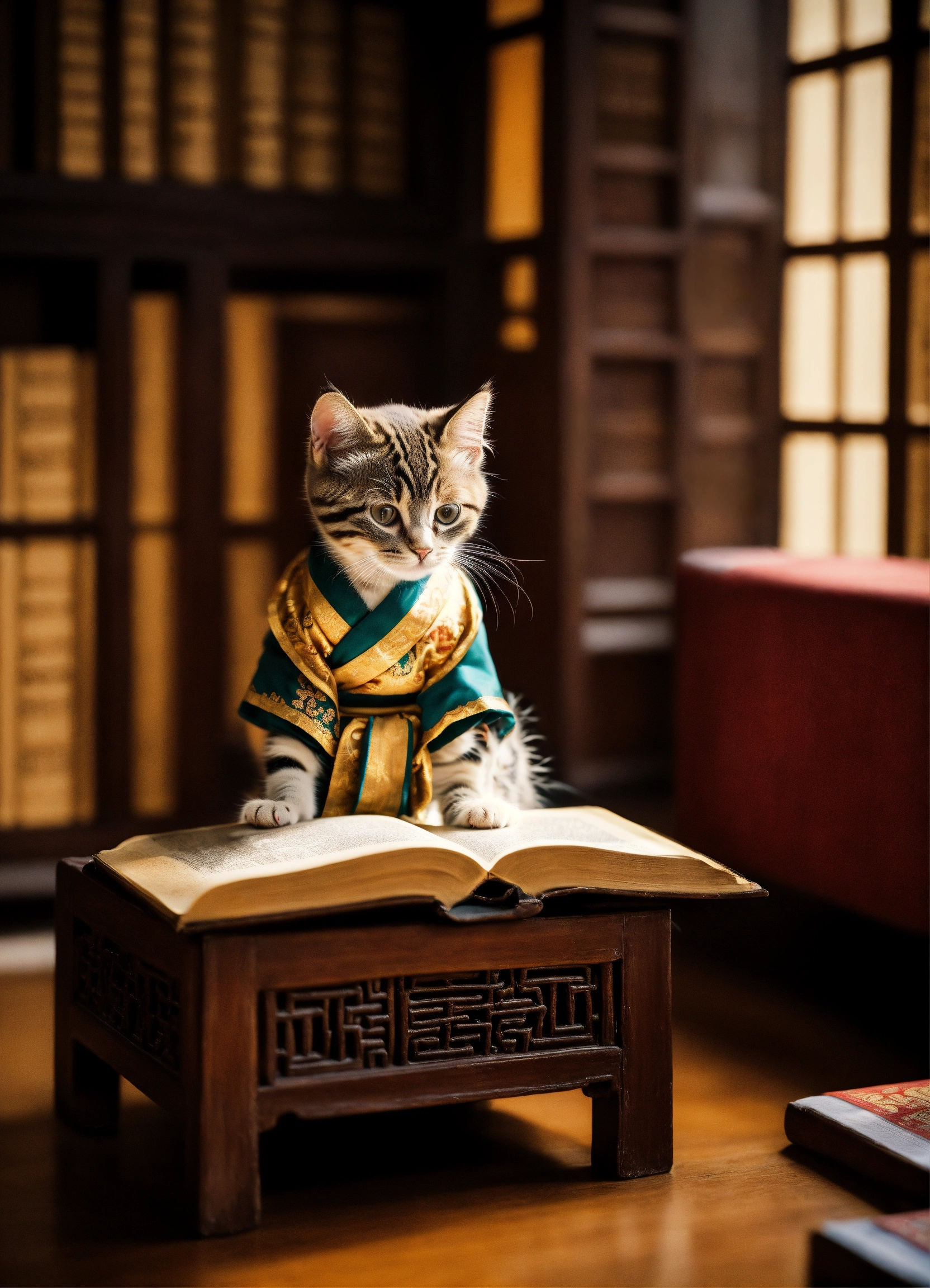 Lexica - A baby cat in Han Dynasty attire, standing in an ancient study ...