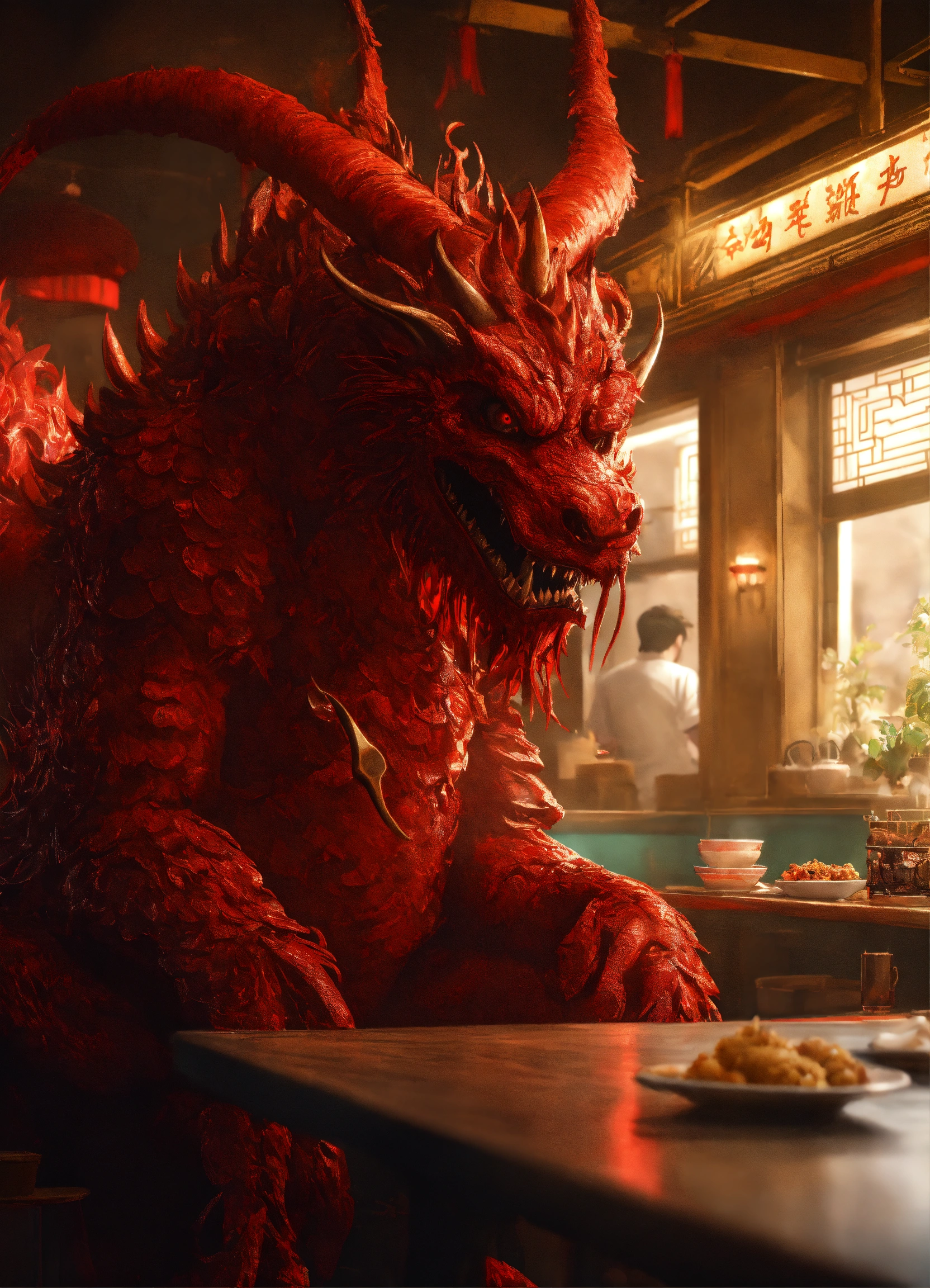 Lexica - A huge red chinese monster is sitting in front of a kitchen ...