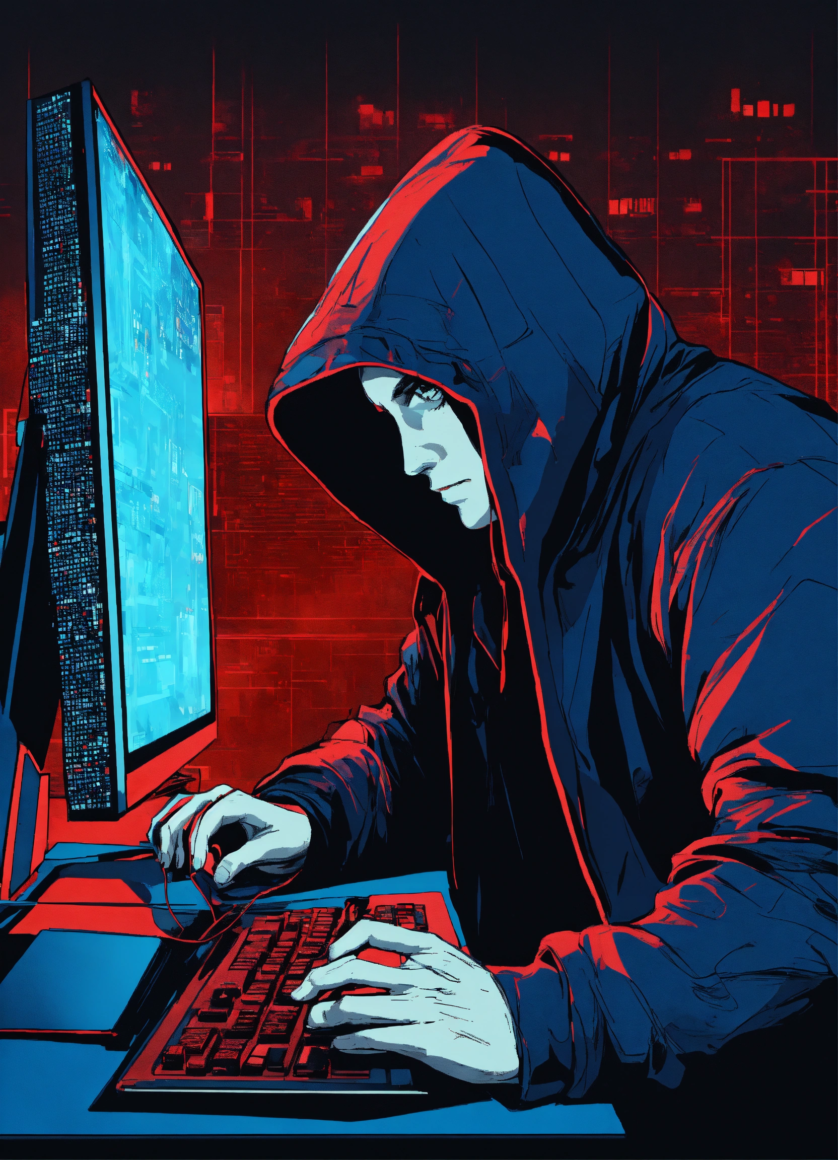 Lexica - Hacker in front of a large computer screen dark background ...