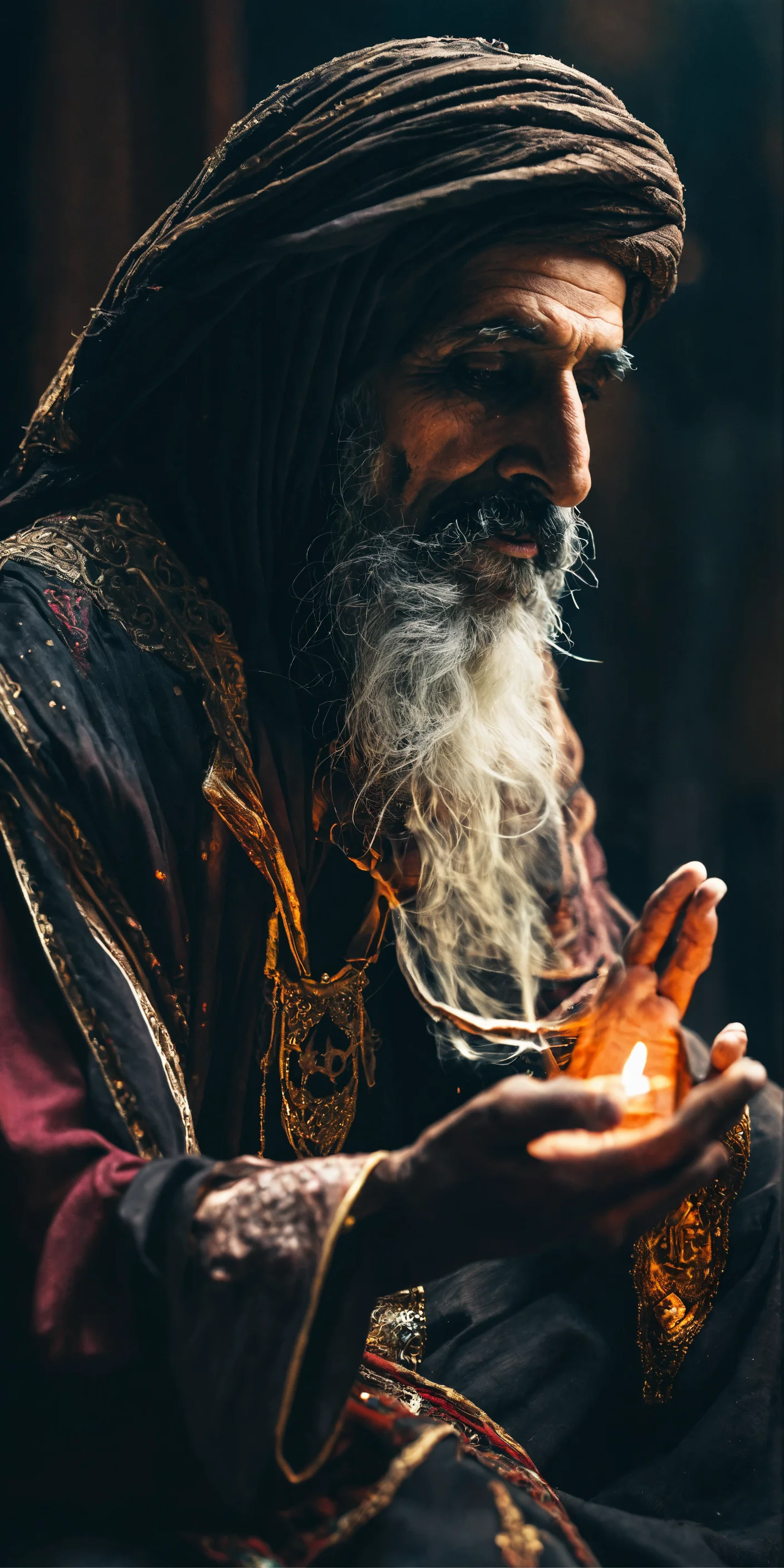Lexica - An old Arabian magician creating a charm. Scary vibes.