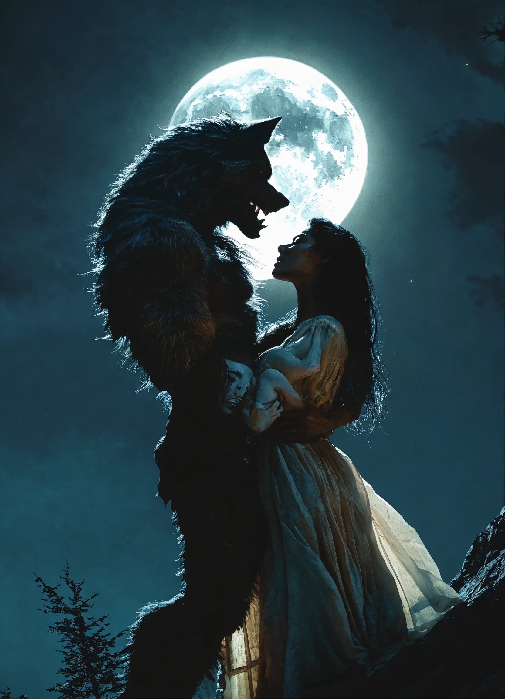 Lexica - Werewolf howling heartbreakingly standing at the moon and holding a beautiful sleeping ...