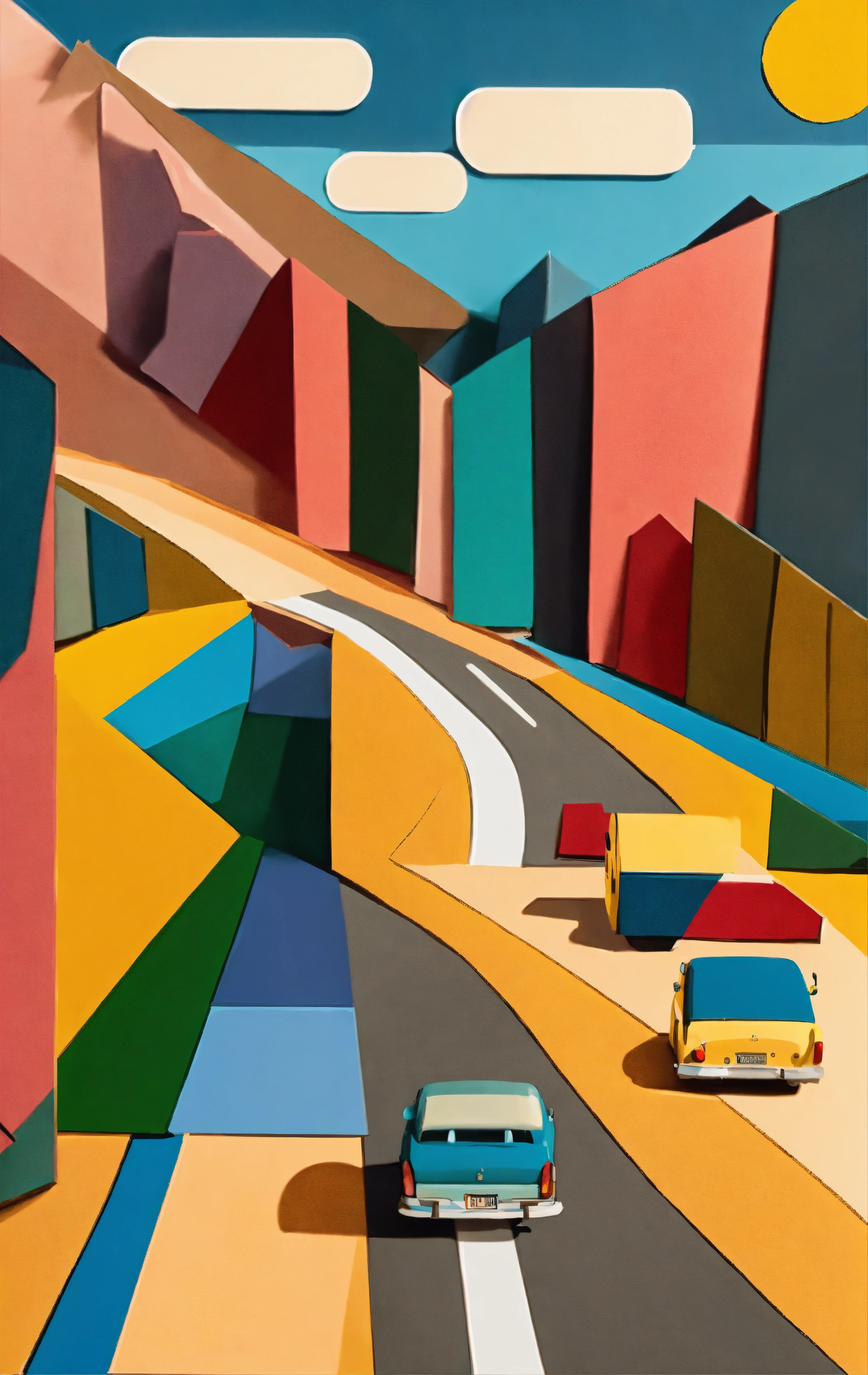 Lexica - Abstract paper collage art depicting a car on a long road ...