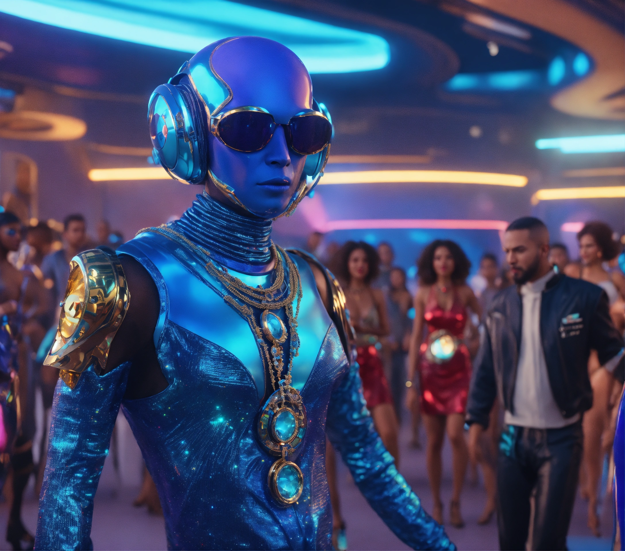 Lexica - Zoom out from a cool blue alien guy wearing space fashion with ...