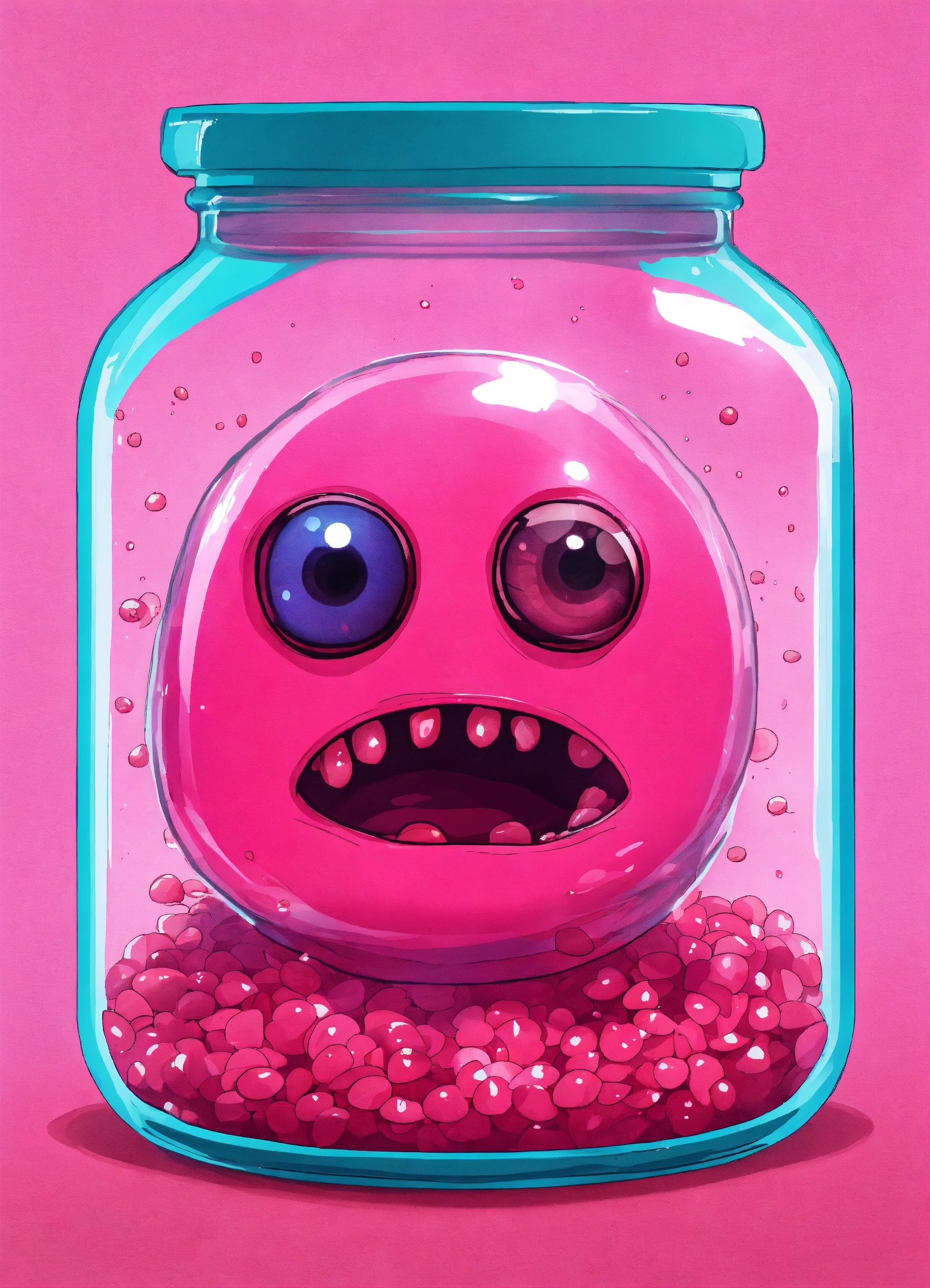 Lexica - A kawaii hot pink blob cyclops in a jar. It has one eyeball ...