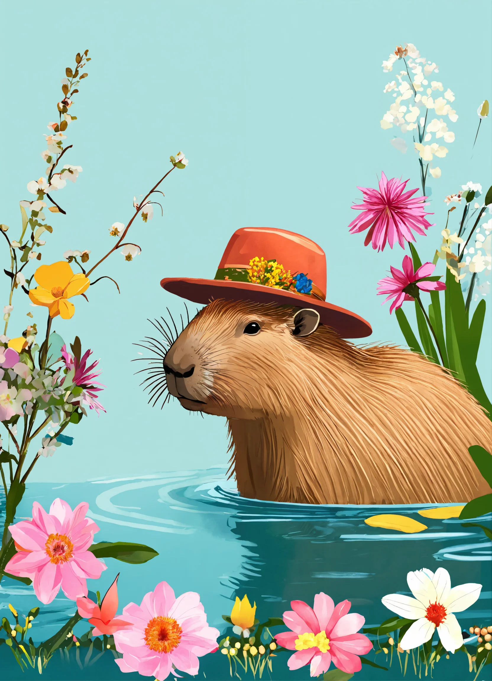 Lexica - A greeting card for March 8th. A capybara in a hat. Pond. Flowers