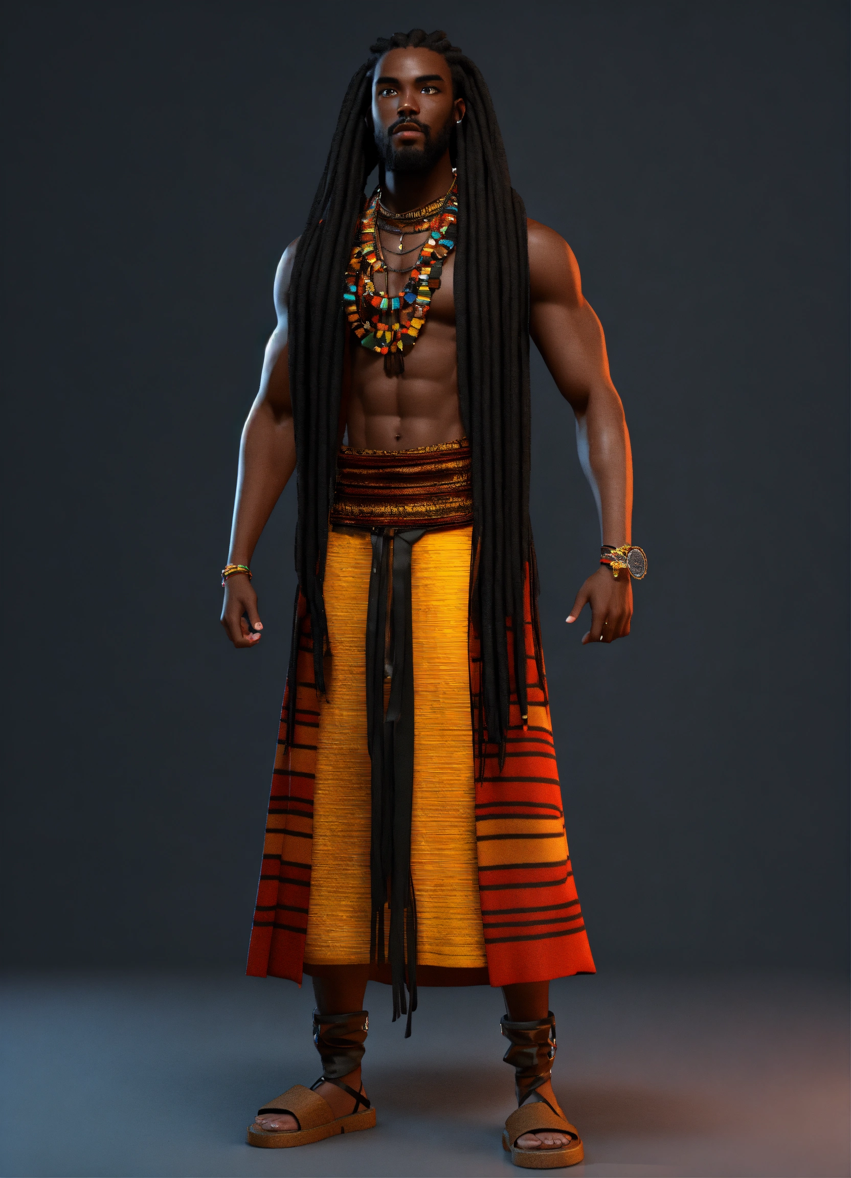 Lexica - 3d render of a Black man with long flowing dreadlocks, 6'5" tall, well-built, full body ...