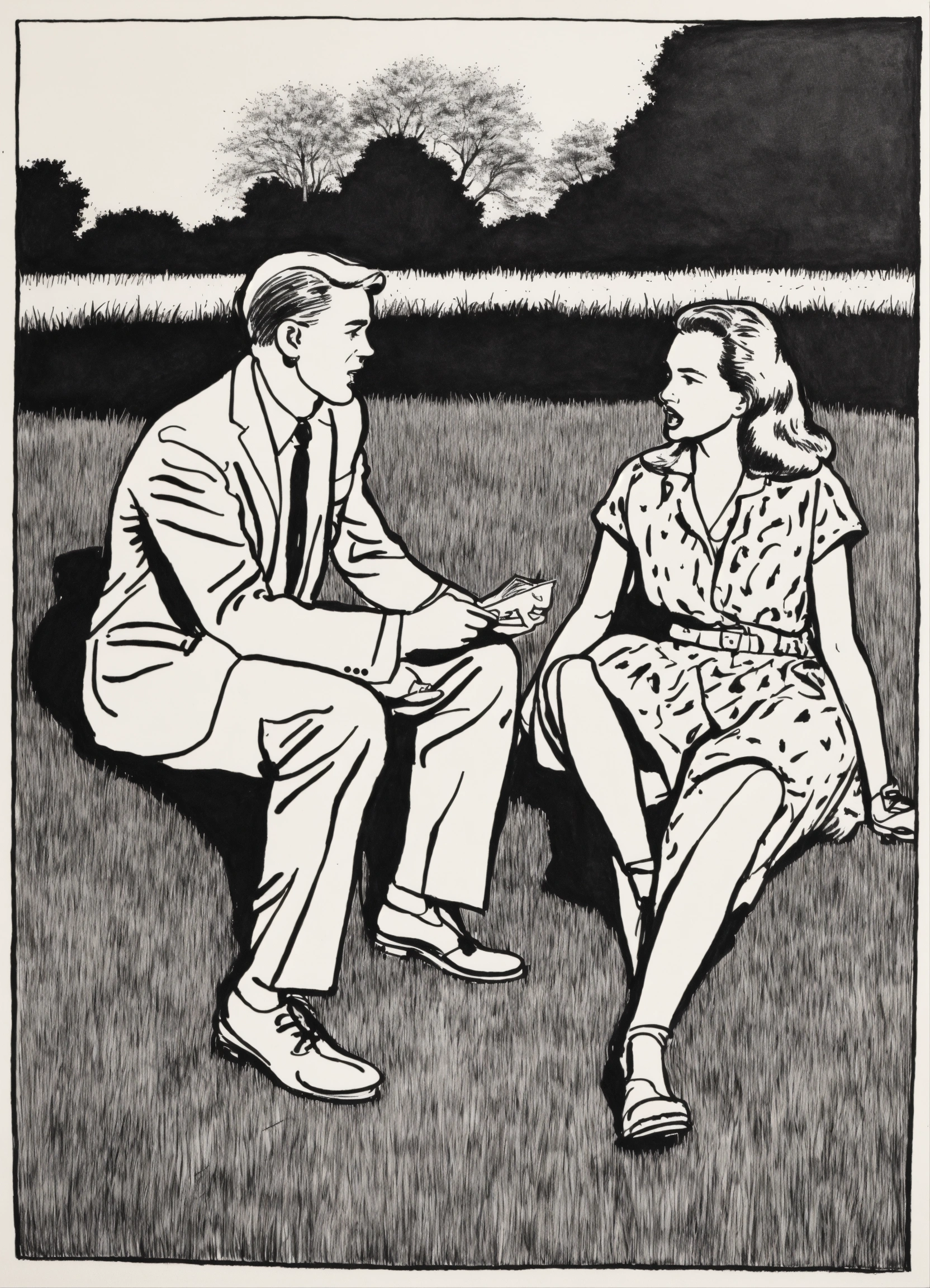 Lexica - Simple 1950s sharpie drawing of two people engaged in an ...