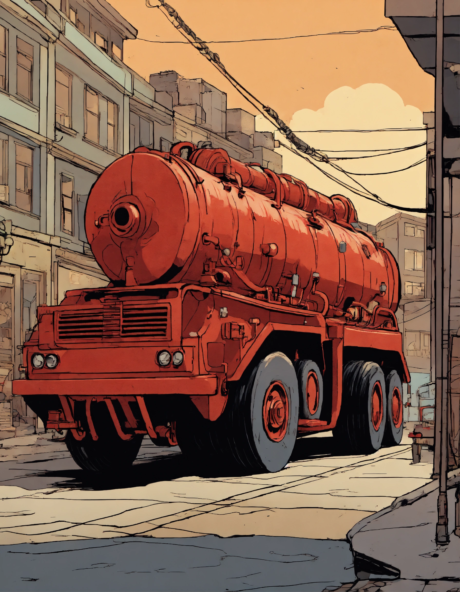 Lexica - A red tanker with a coiled hose at the back is driving down ...