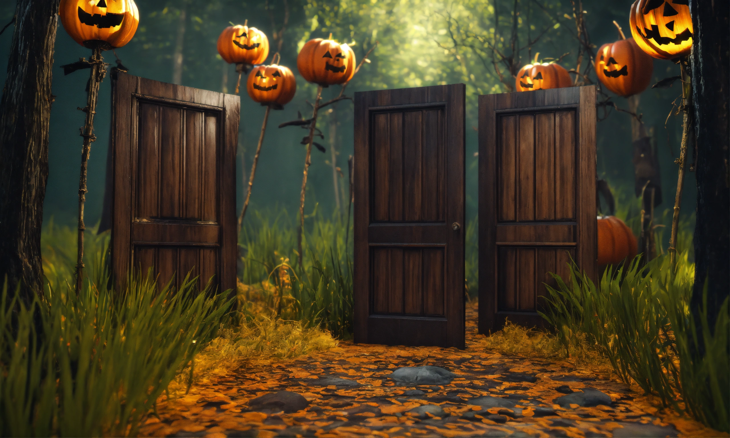 Lexica - 3D creepy haunted doors with engraved scarecrows in a wicked ...