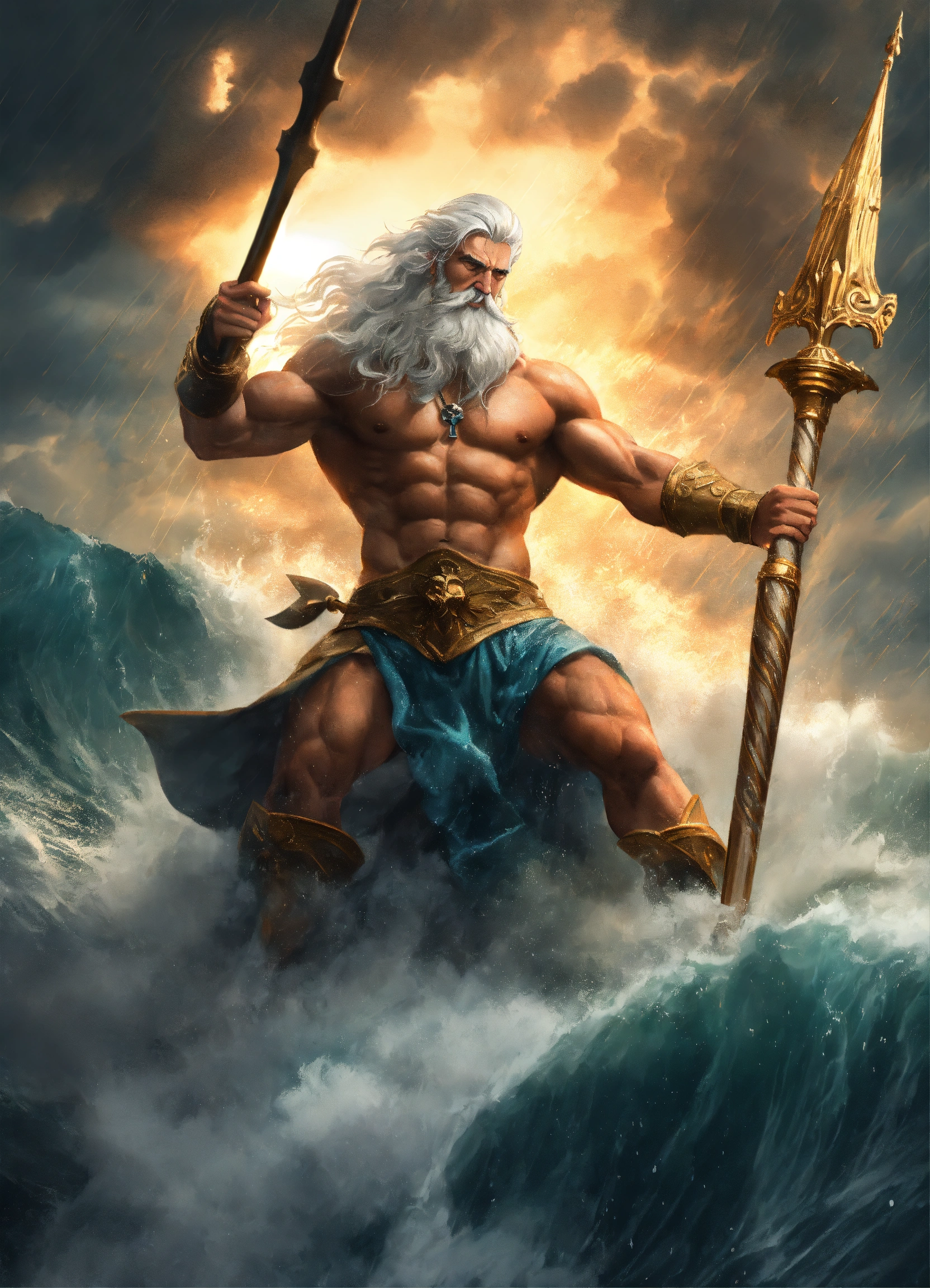 Lexica - God Poseidon emerging from a raging sea, harpooning his ...