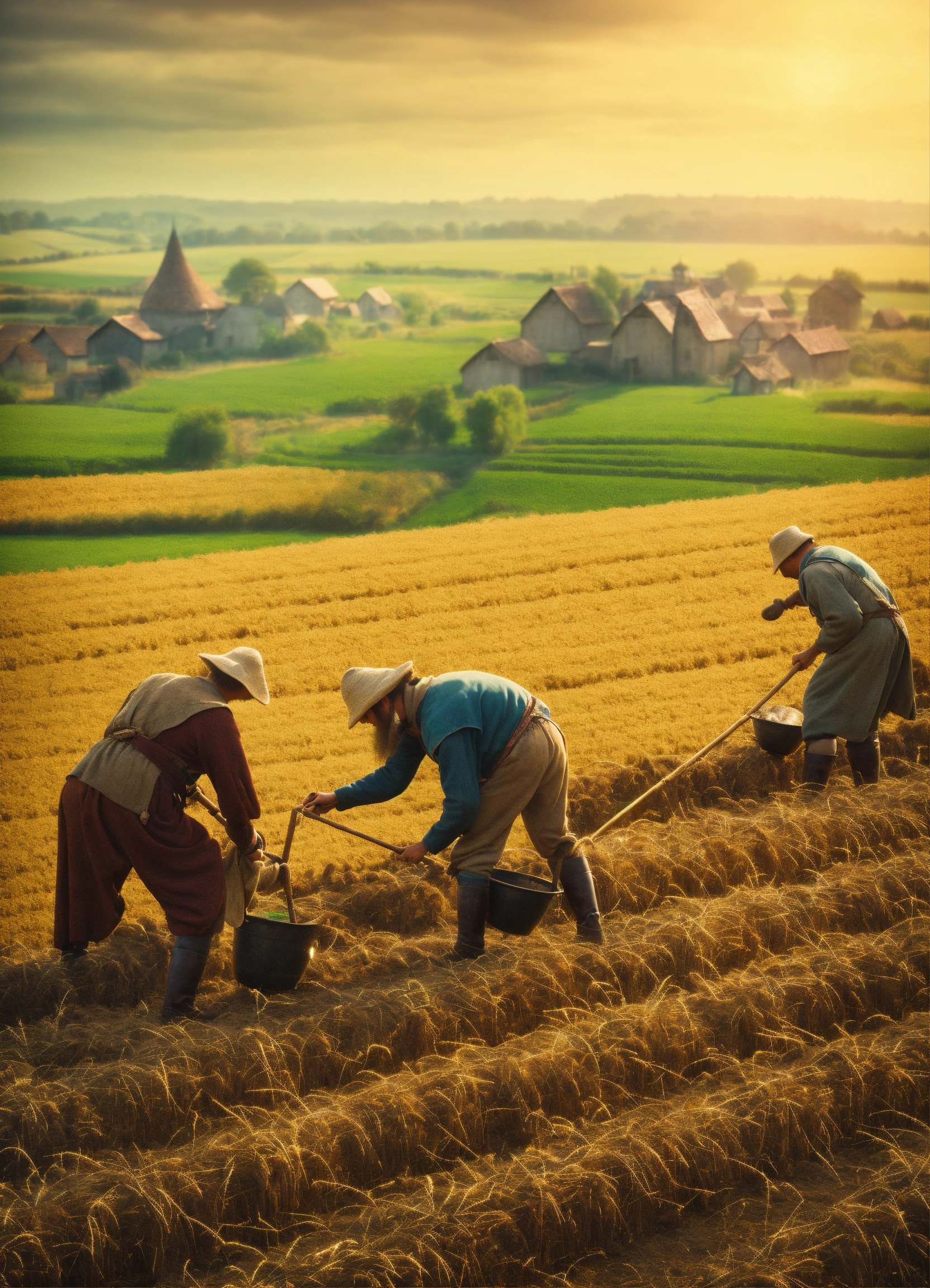 Lexica - Surreal digital art, medieval farmers working on field