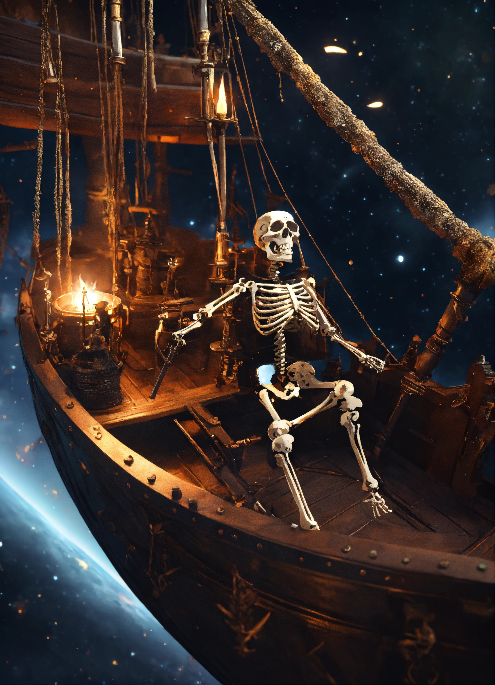 Lexica - A skeleton sherrif on a medieval ship in space. He is firing a ...