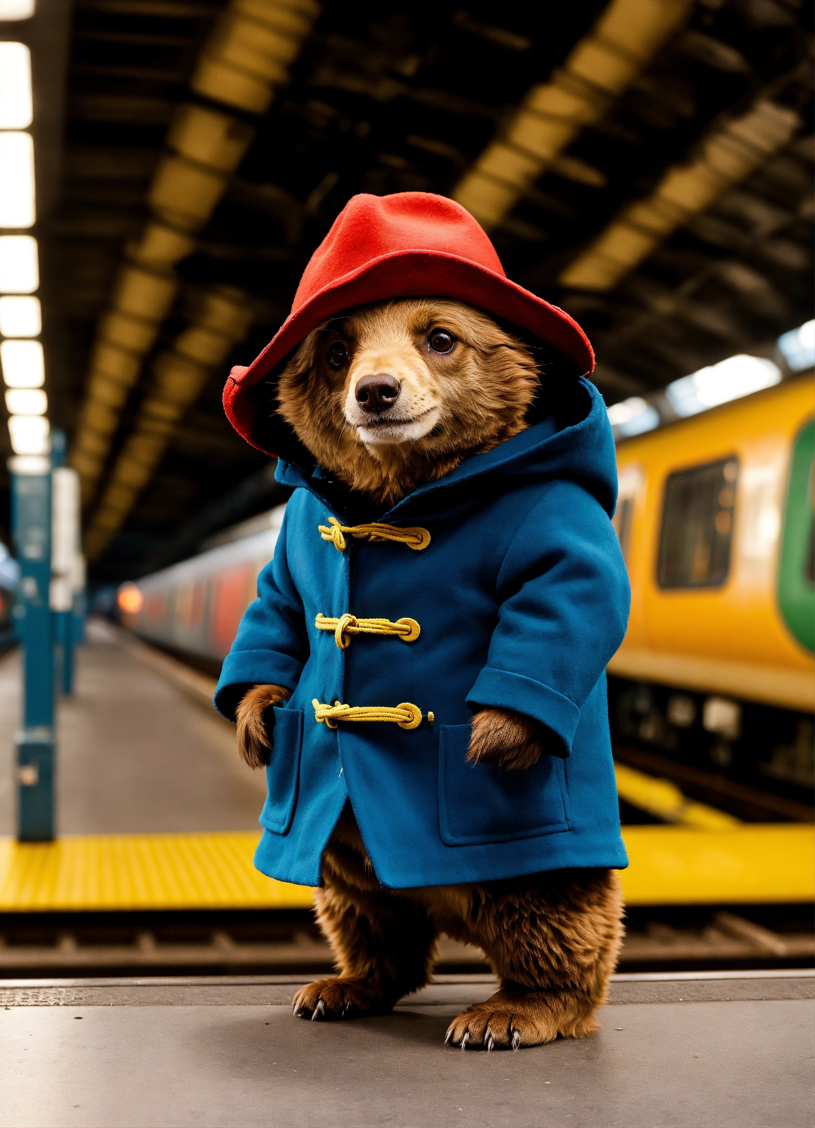 Lexica - Paddington doing angry stare. On train platform. Close up.