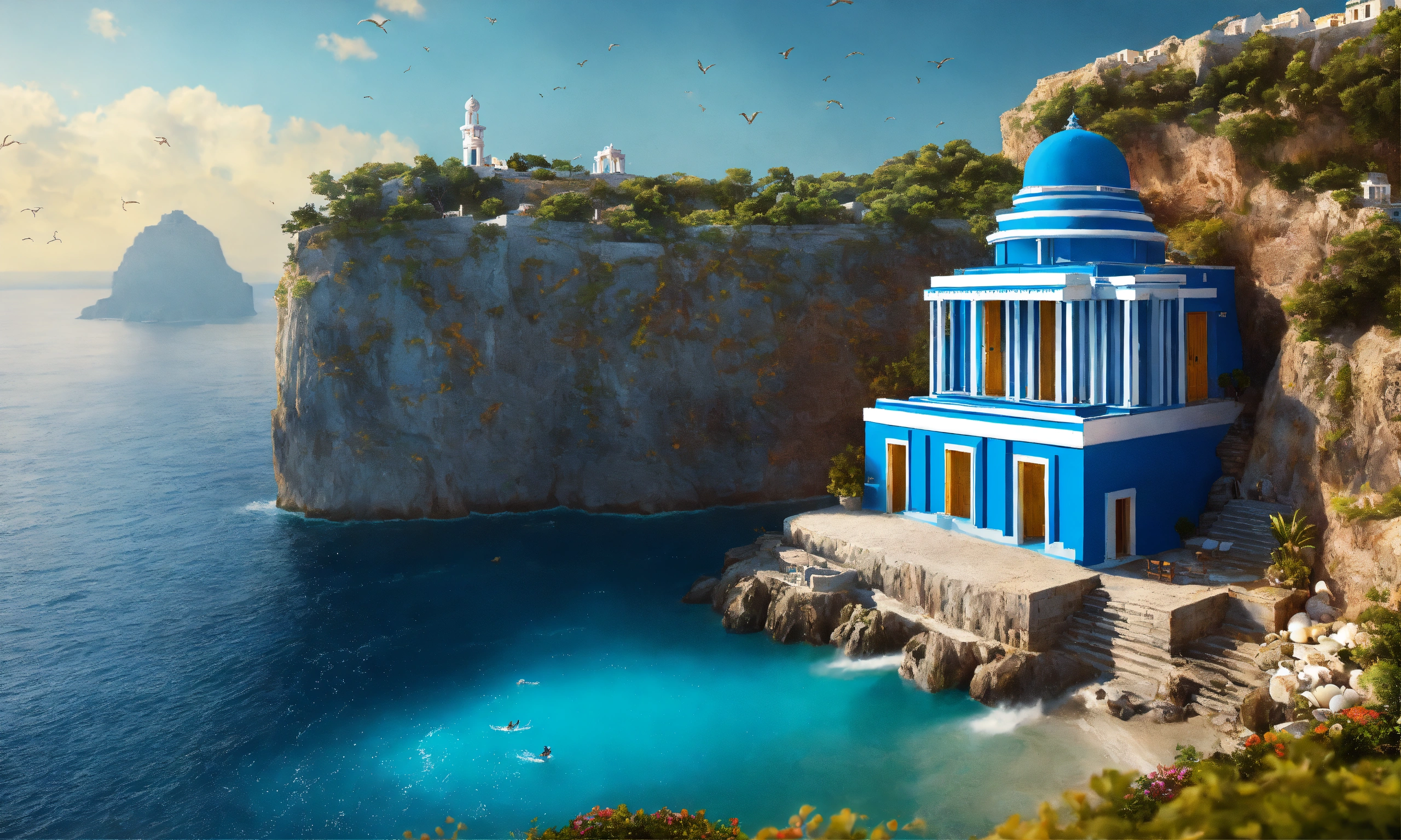 Lexica - A blue temple on a seaside cliff, dedicated to a sea goddess ...