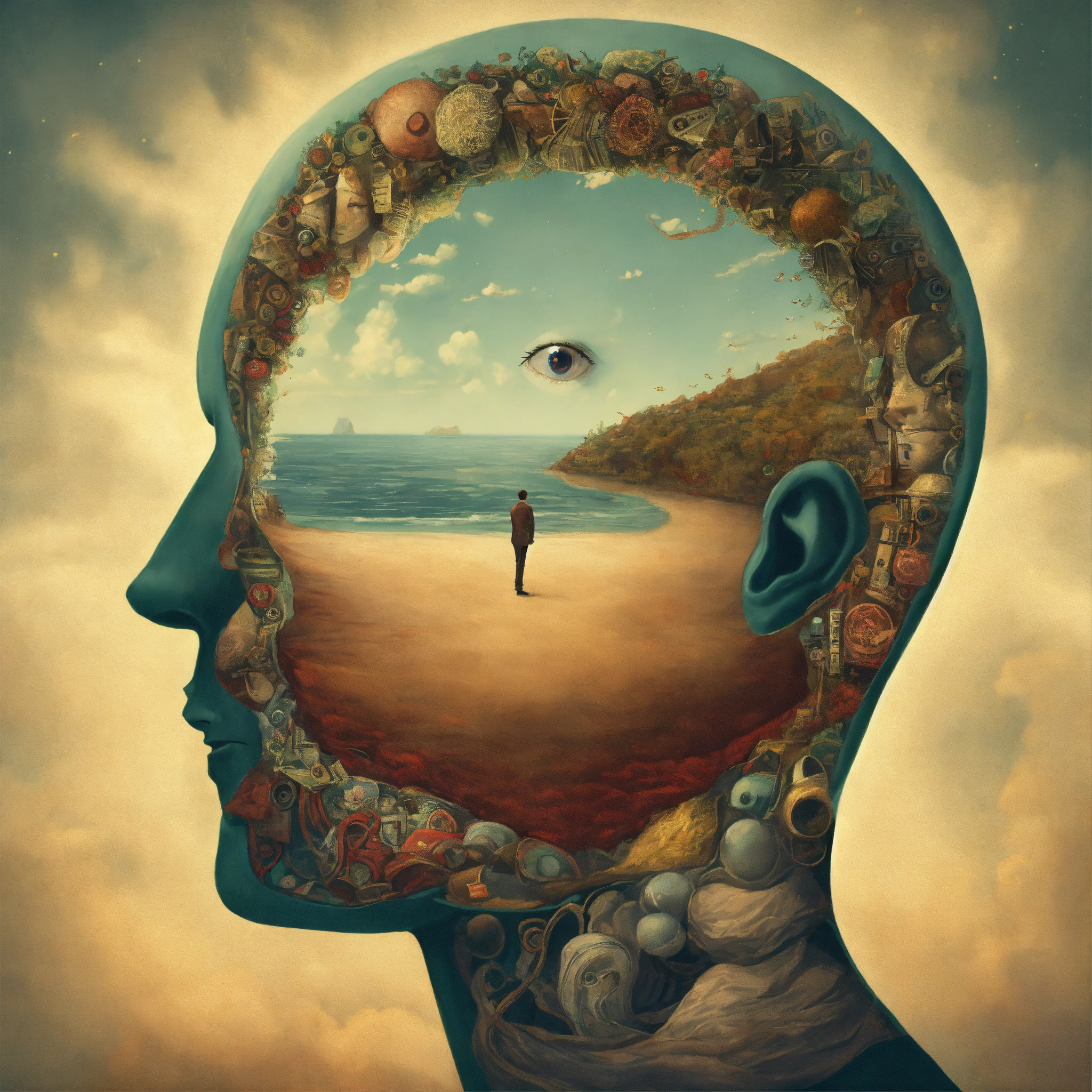 Lexica - Illustration of a man inside a human head looking out through ...