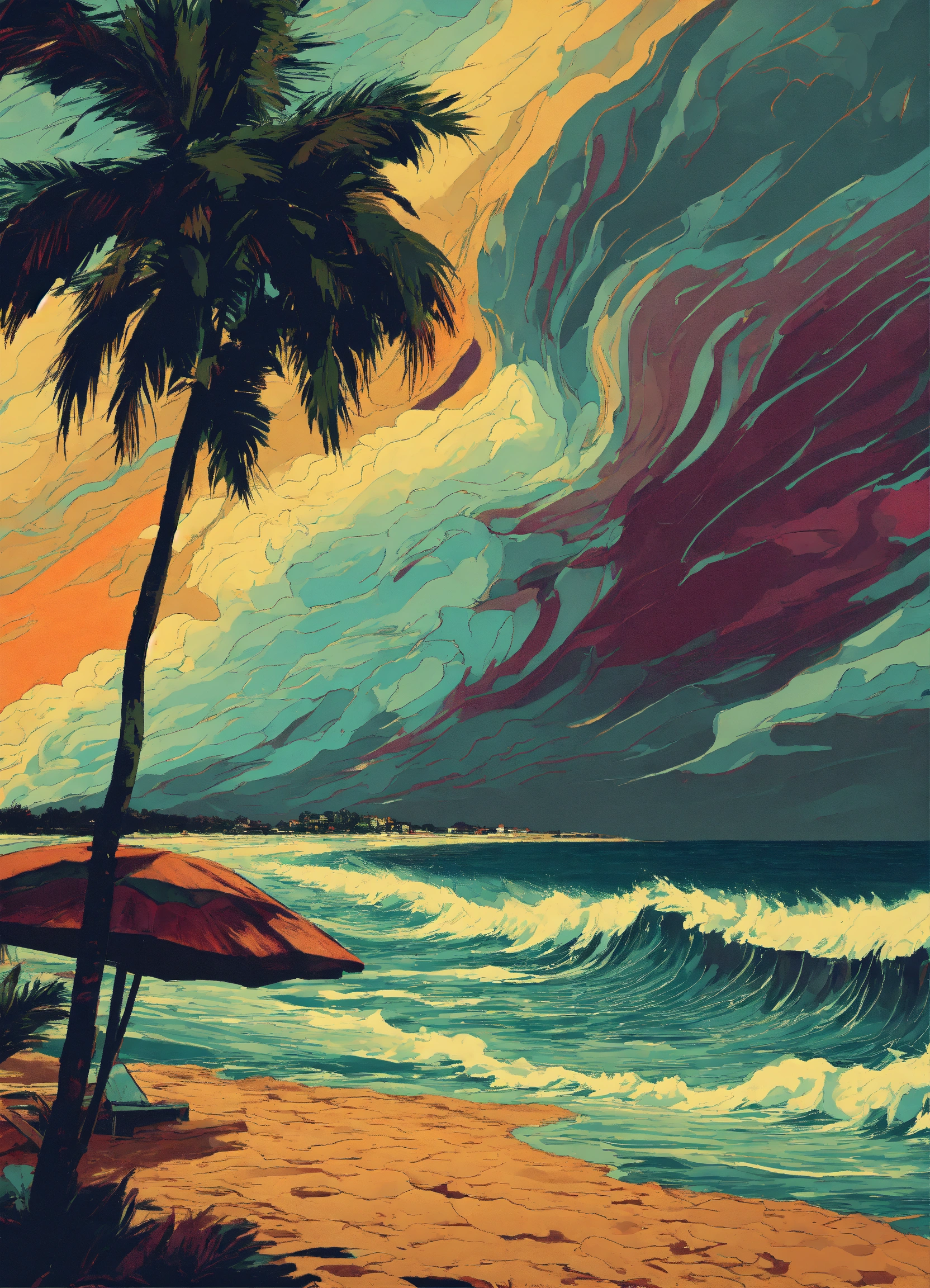 Lexica - Hurricane, storm, beach, pop art with cool tones.