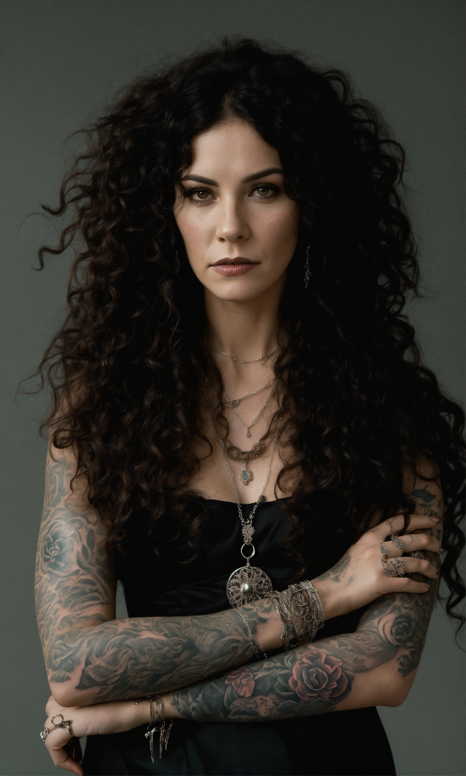 Lexica - Portrait of a witch, woman with long, dark curly hair, many ...