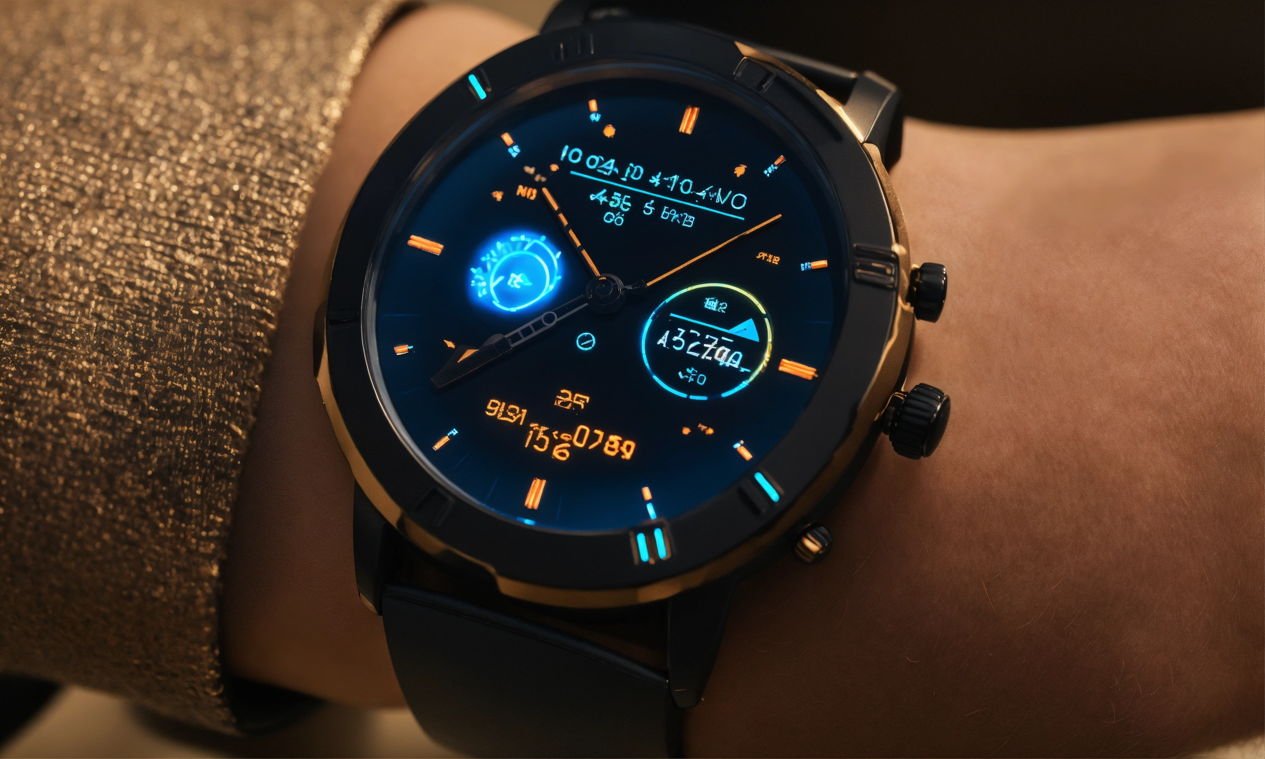 Lexica - Close up shot of a futuristic black AI watch adorning a tanned ...
